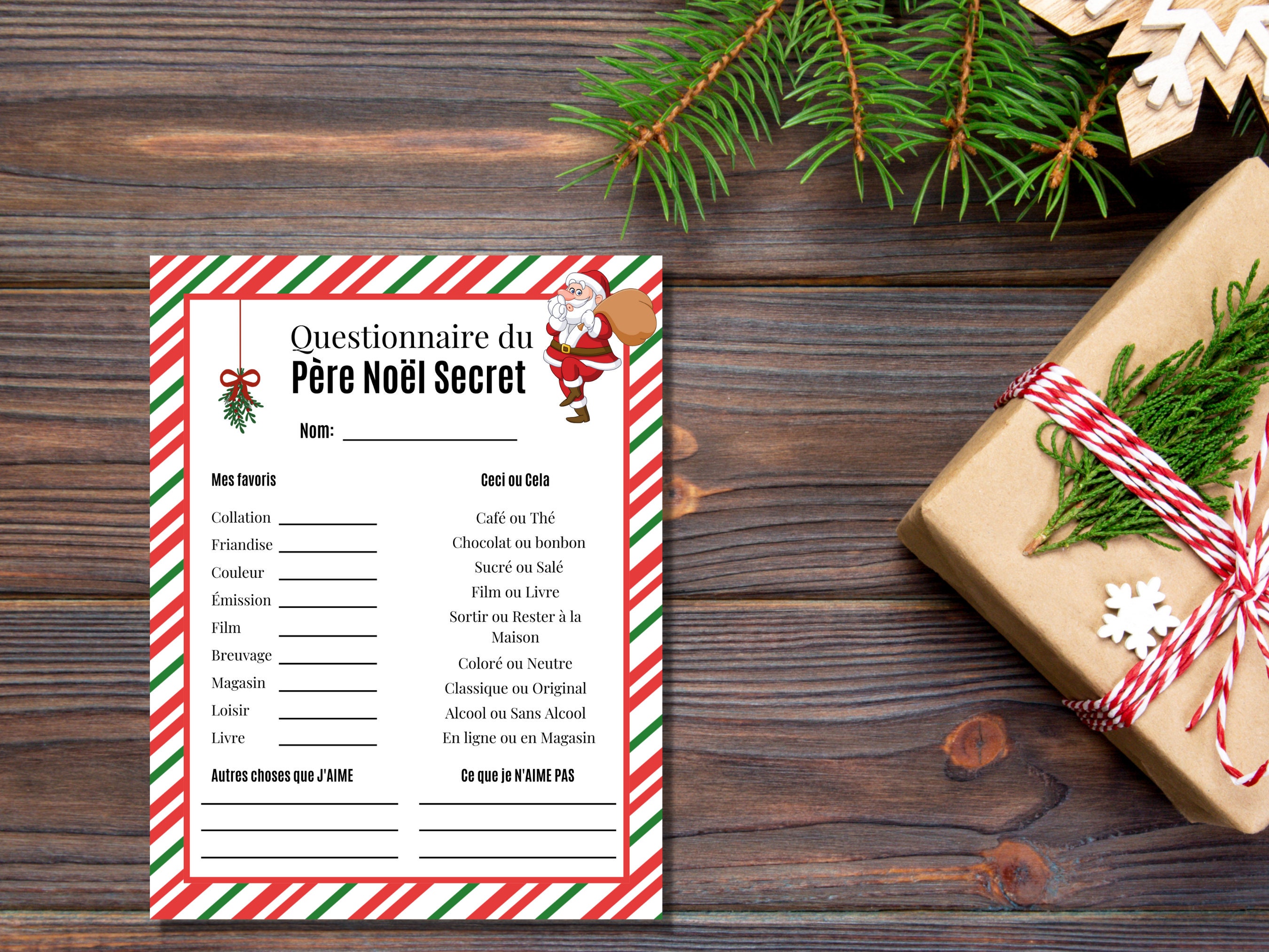 Secret Santa Questionnaire in French, Secret Santa for Work, Printable ...