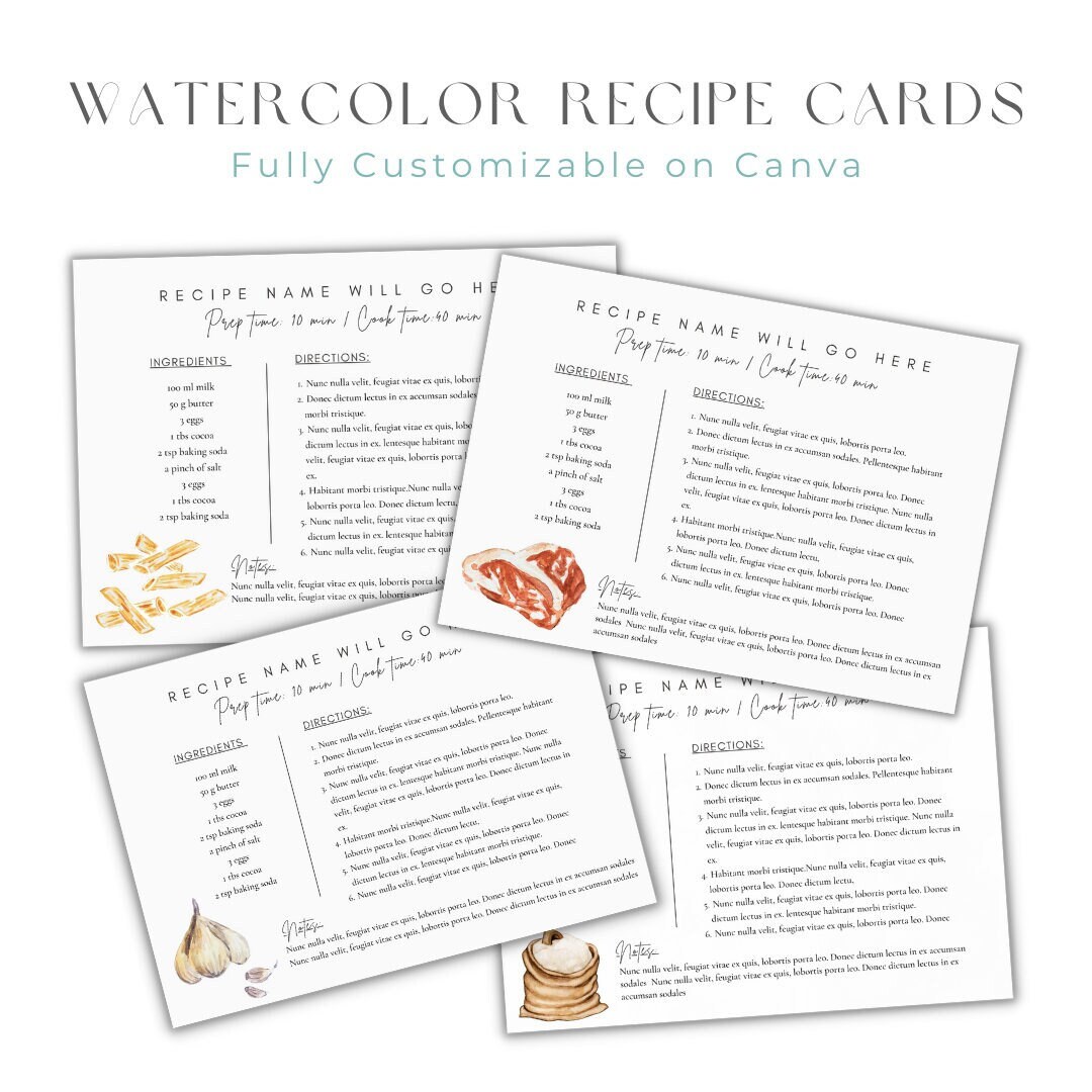 Editable Recipe Card | Watercolor Template Download | 4x6 Printable ...