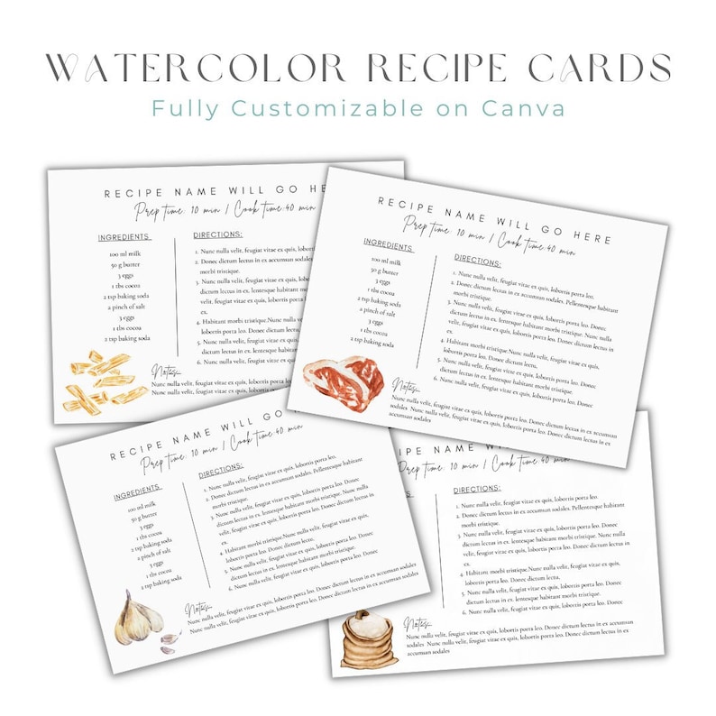 Editable Recipe Card | Watercolor Template Download | 4x6 Printable ...