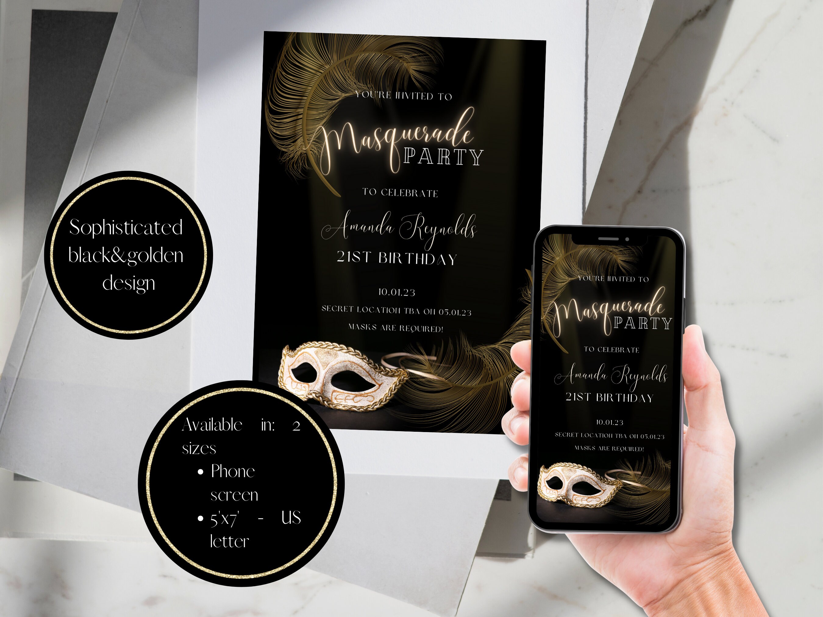 Masquerade Birthday Invitation, Digital Download, Black and Golden ...