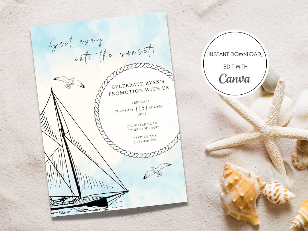 Boat Party Invitation Template, Canva Editable Text, Nautical Party ...