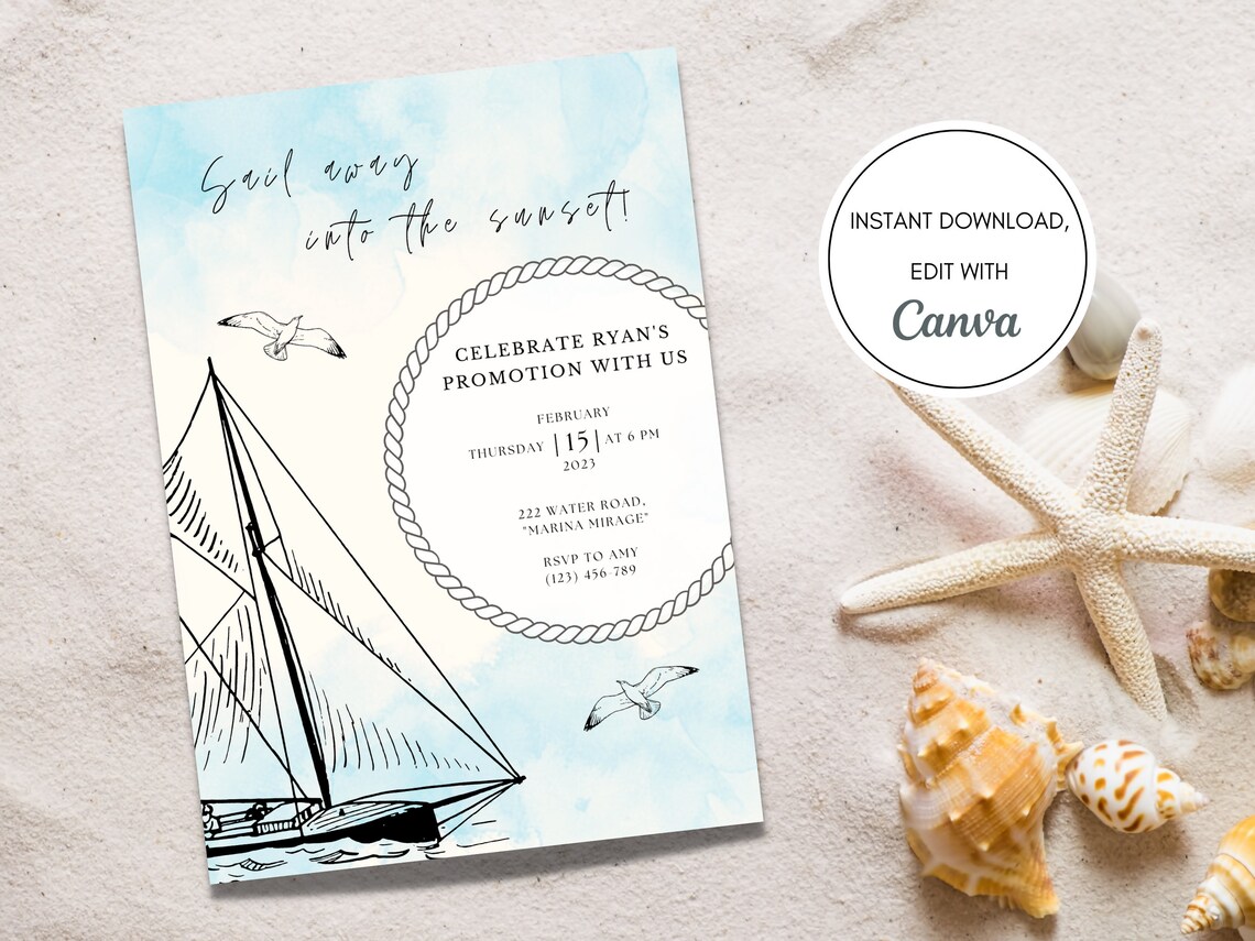 Boat Party Invitation Template, Canva Editable Text, Nautical Party ...