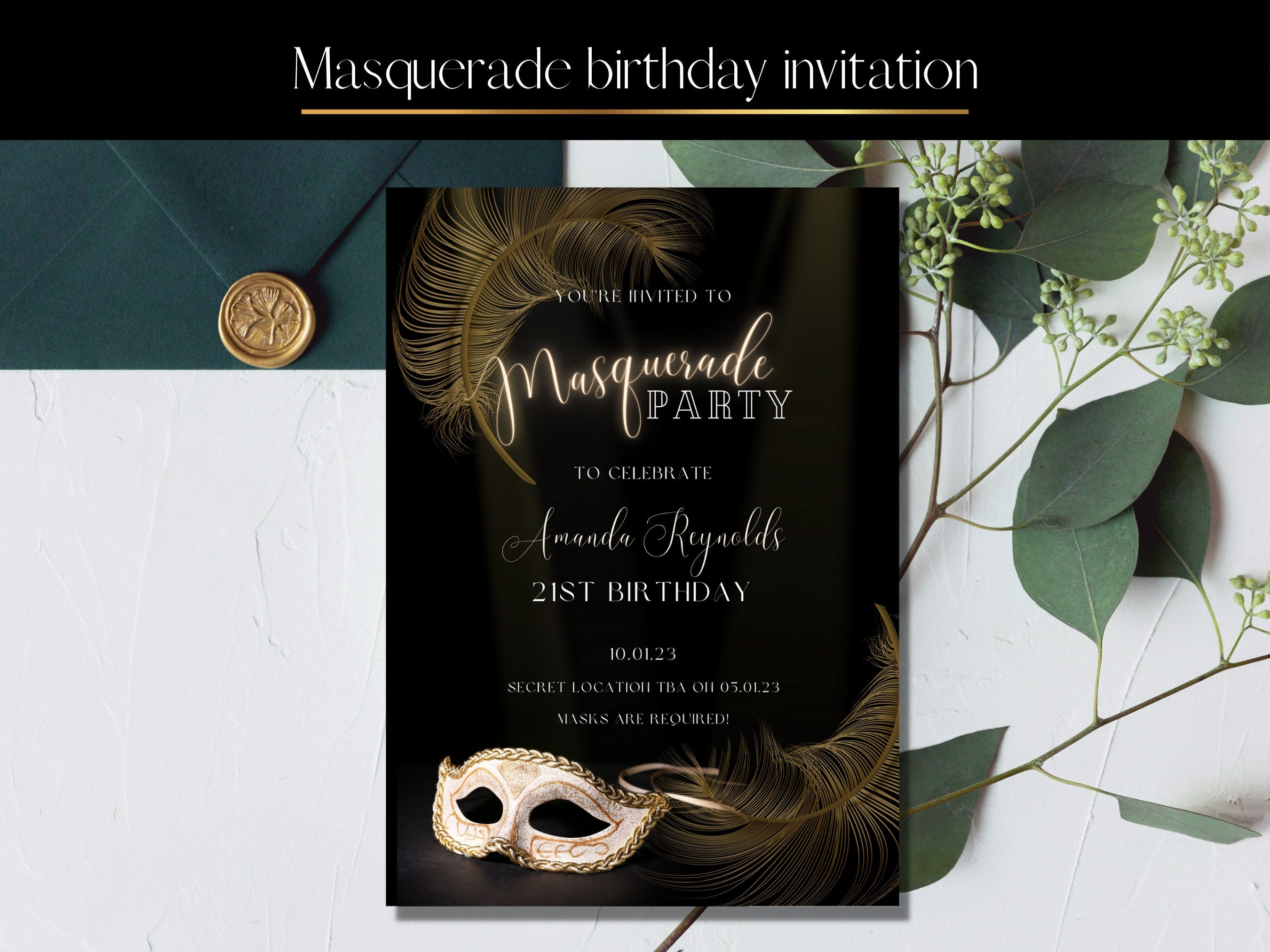 Masquerade Birthday Invitation, Digital Download, Black and Golden ...