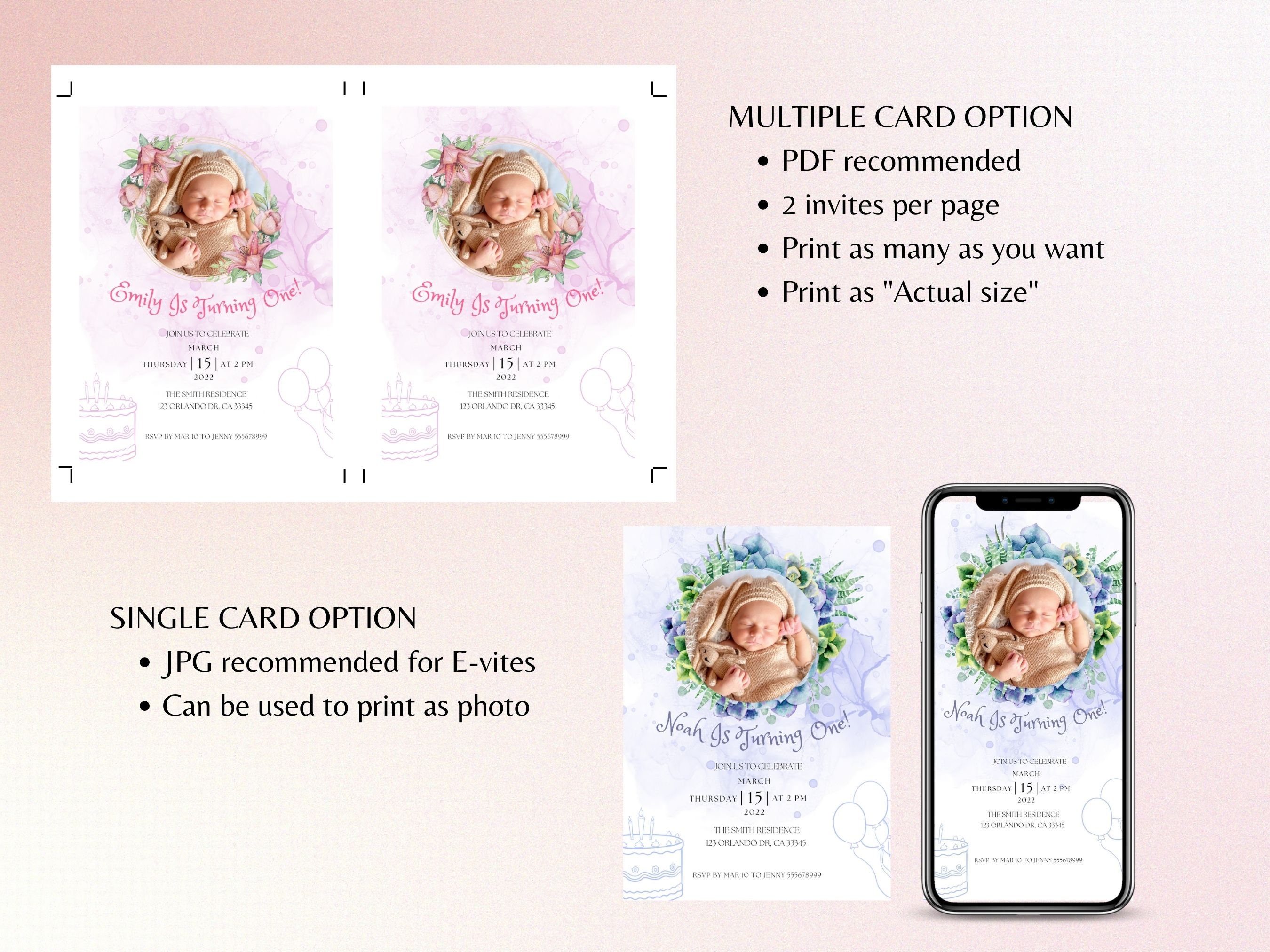 First Birthday Evite Template, Invitation Template, Baby Boy Girl ...