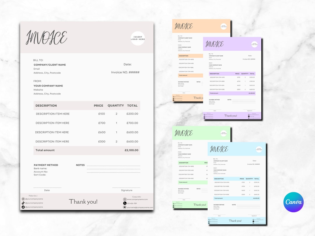 Invoice Editable Template, Printable Order Form Invoice, 5 Premade ...