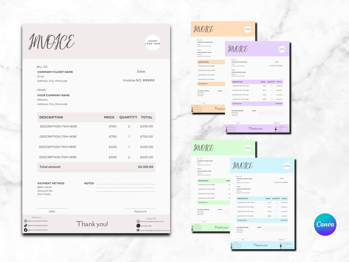Invoice Editable Template, Printable Order Form Invoice, 5 Premade ...