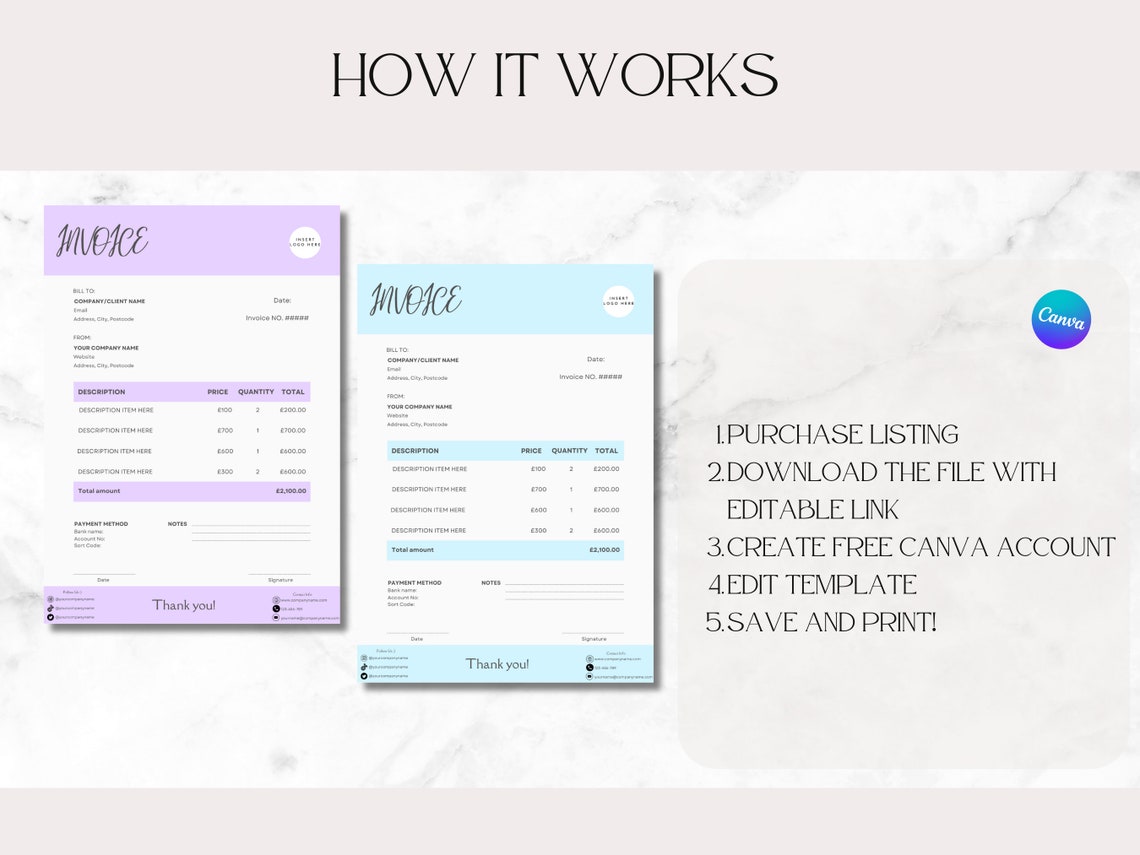 Invoice Editable Template, Printable Order Form Invoice, 5 Premade ...