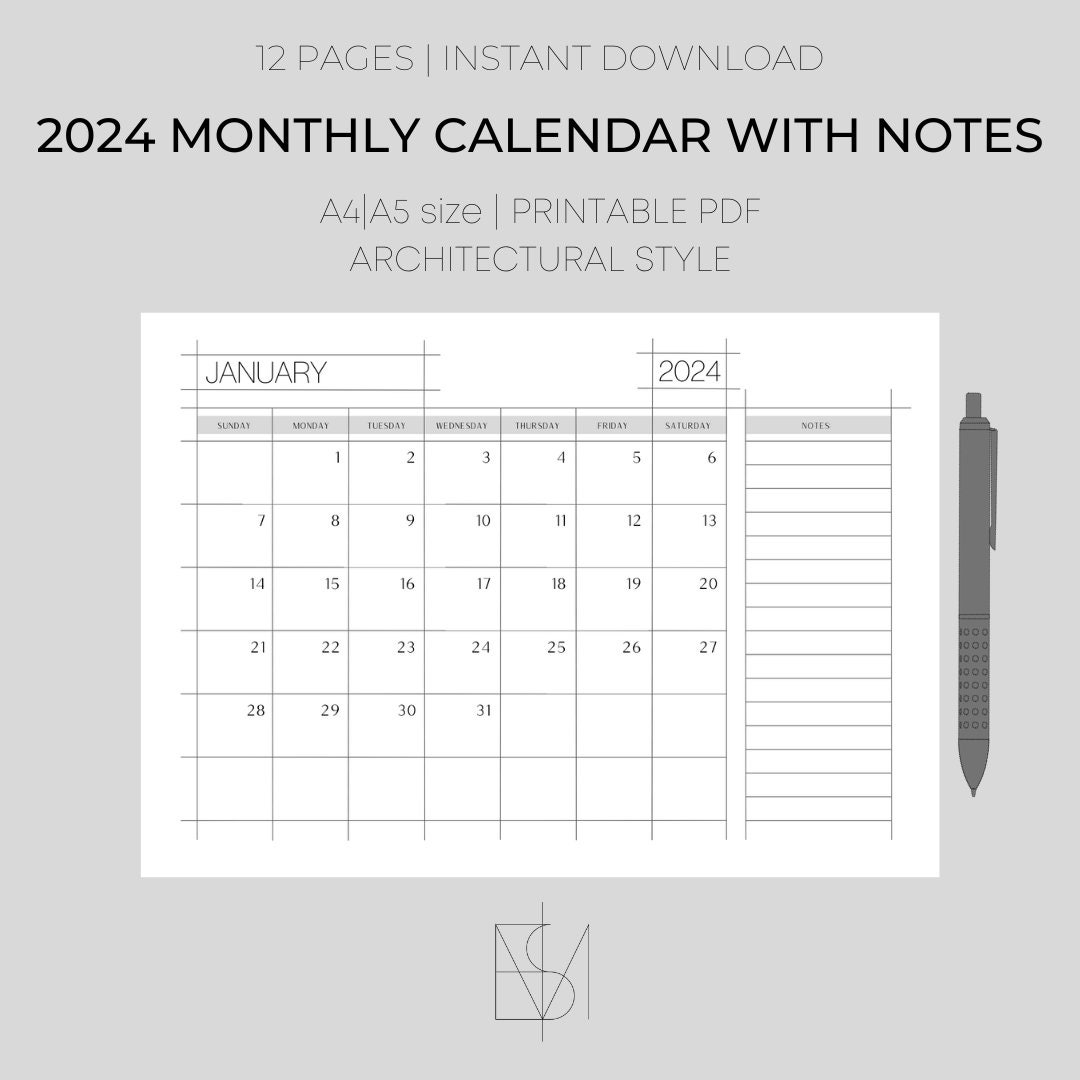 Printable Calendar 2024 | A4, A5| Landscape | Monday & Sunday Start ...