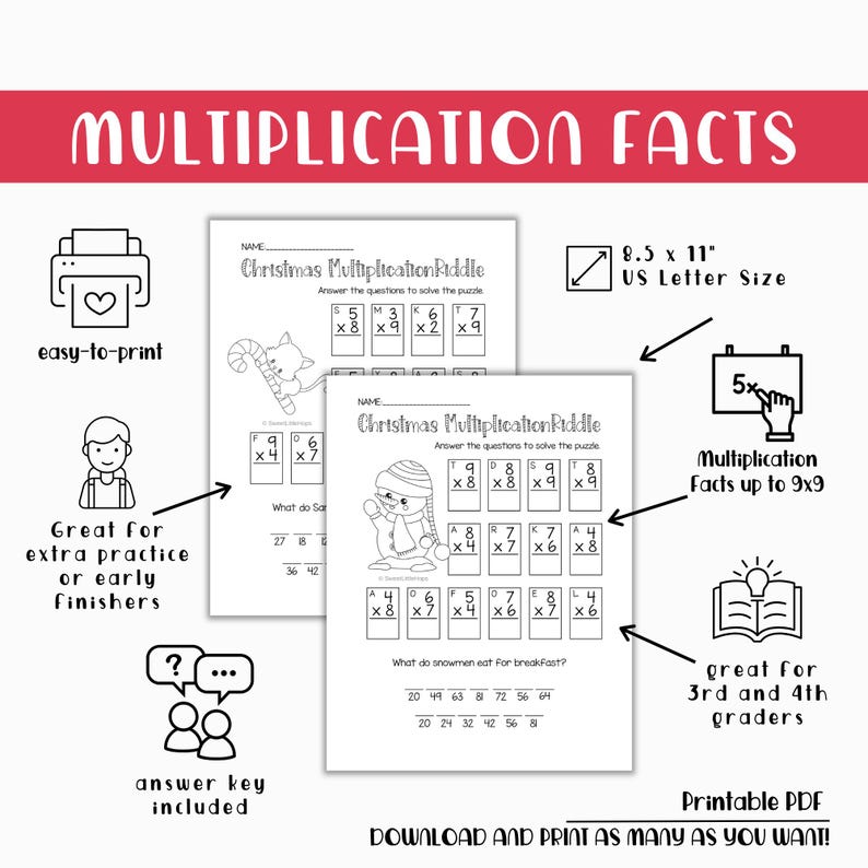 Christmas Multiplication Riddle Worksheets | Math Printables | Fun and ...