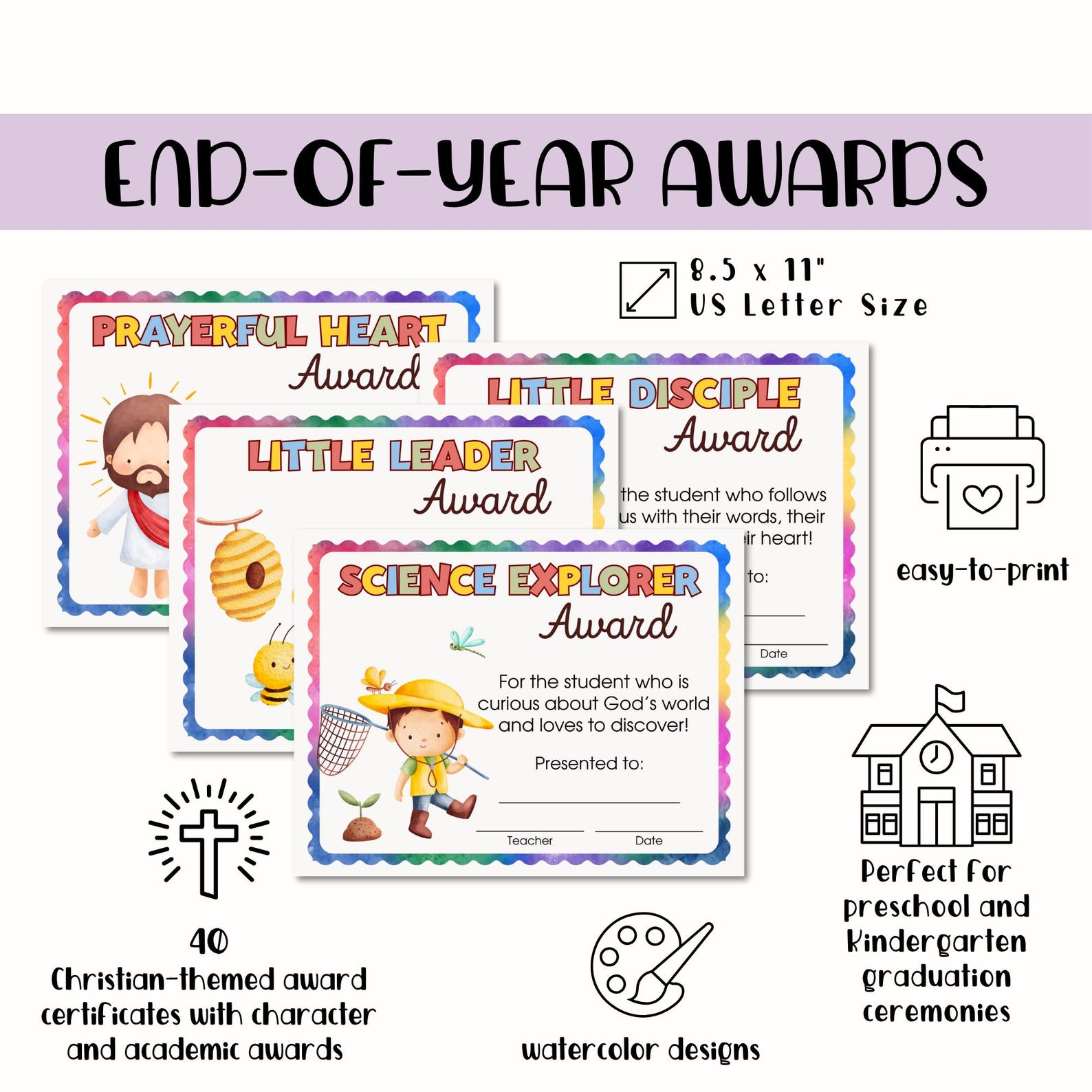 Catholic End of Year Awards | Watercolor Printable Certificates (PDF ...