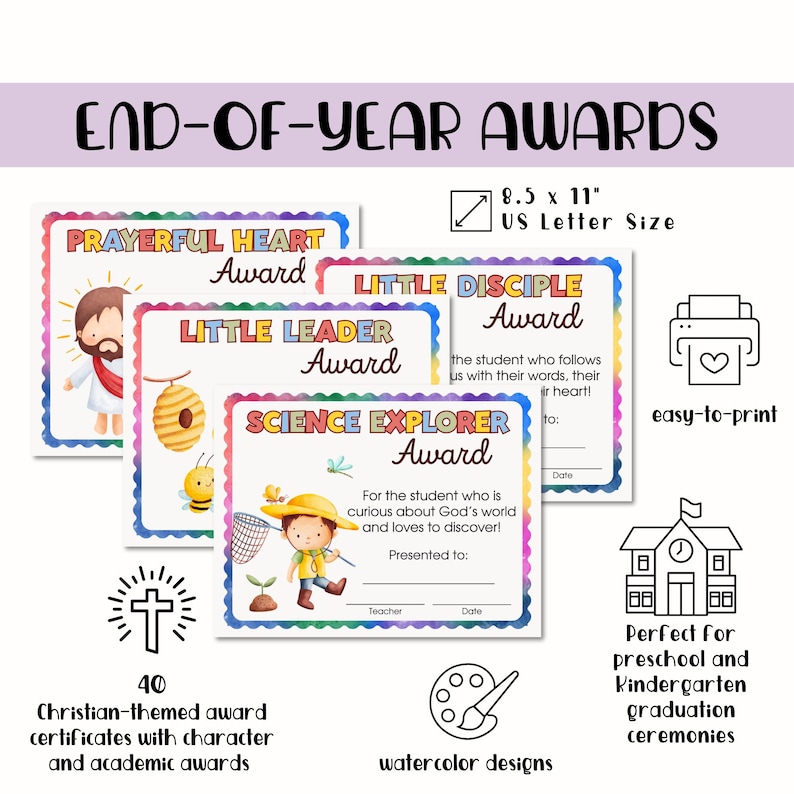 Catholic End of Year Awards | Watercolor Printable Certificates (PDF ...