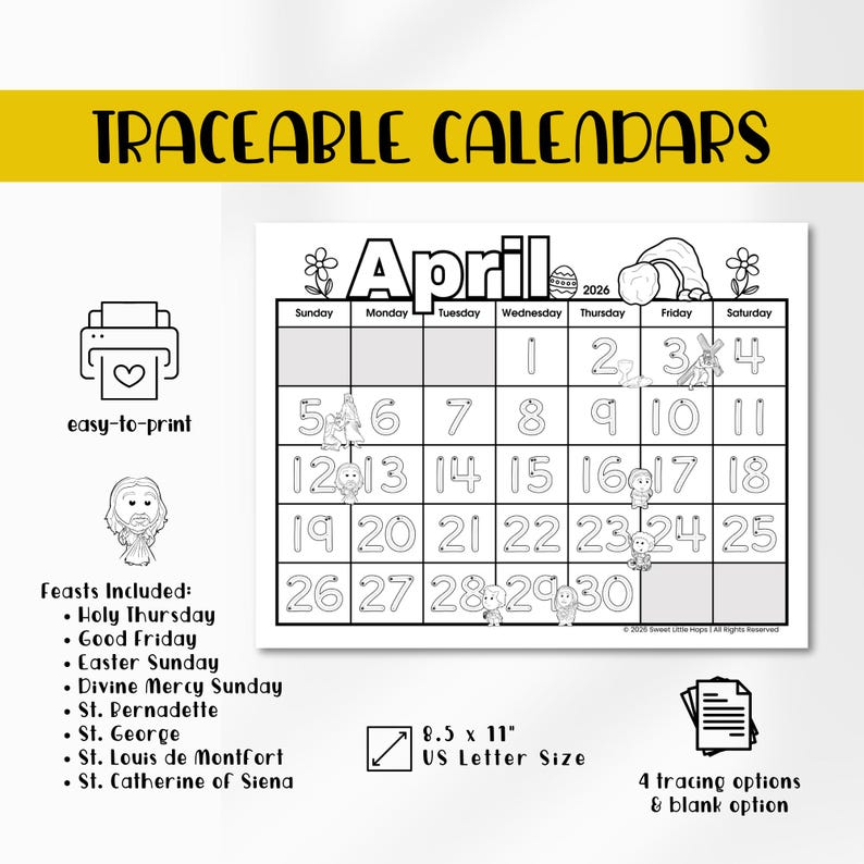 April 2026 Calendar Tracing | Blank + Traceable Numbers | Kindergarten ...