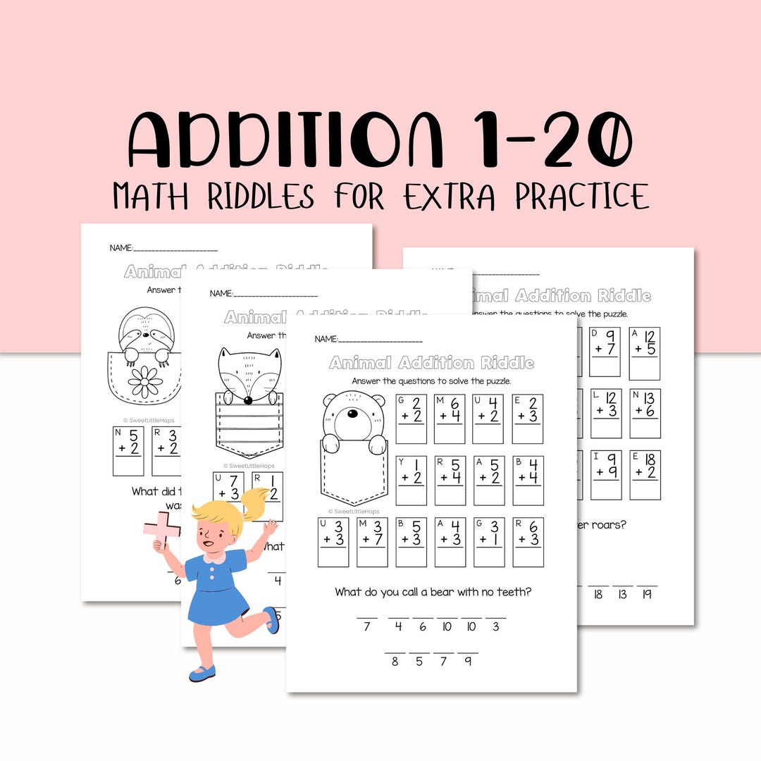 Addition Worksheets With Animal Riddles, Math Puzzles (digital Download ...