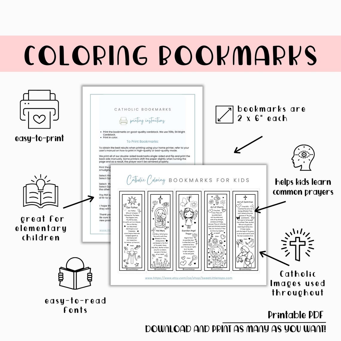 Catholic Coloring Bookmarks for Kids | Prayers, Jesus, Mary (digital ...
