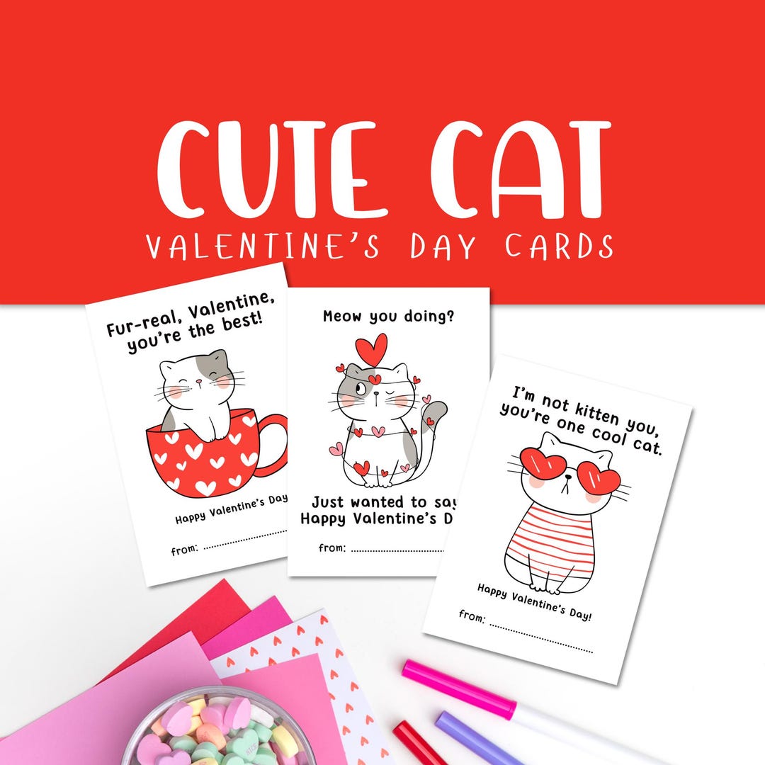 Printable Cat Valentine Cards for Kids - Cute Classroom Cards - Instant ...