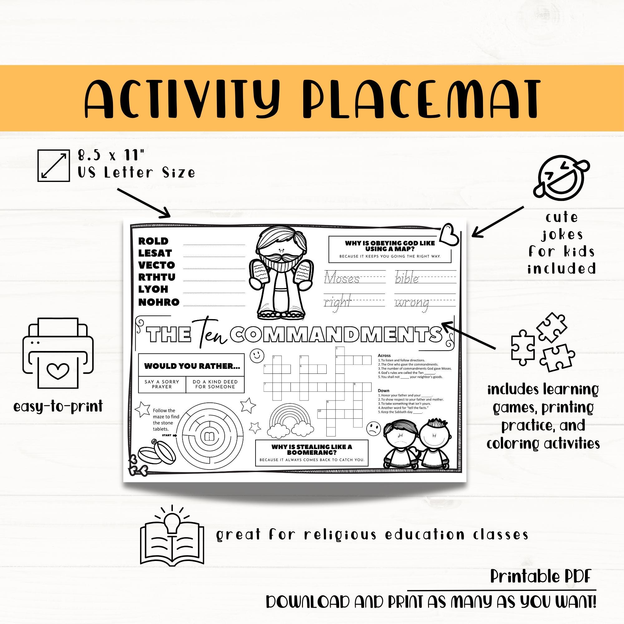 Ten Commandments Activity Placemat for Catholic Religious Education and ...
