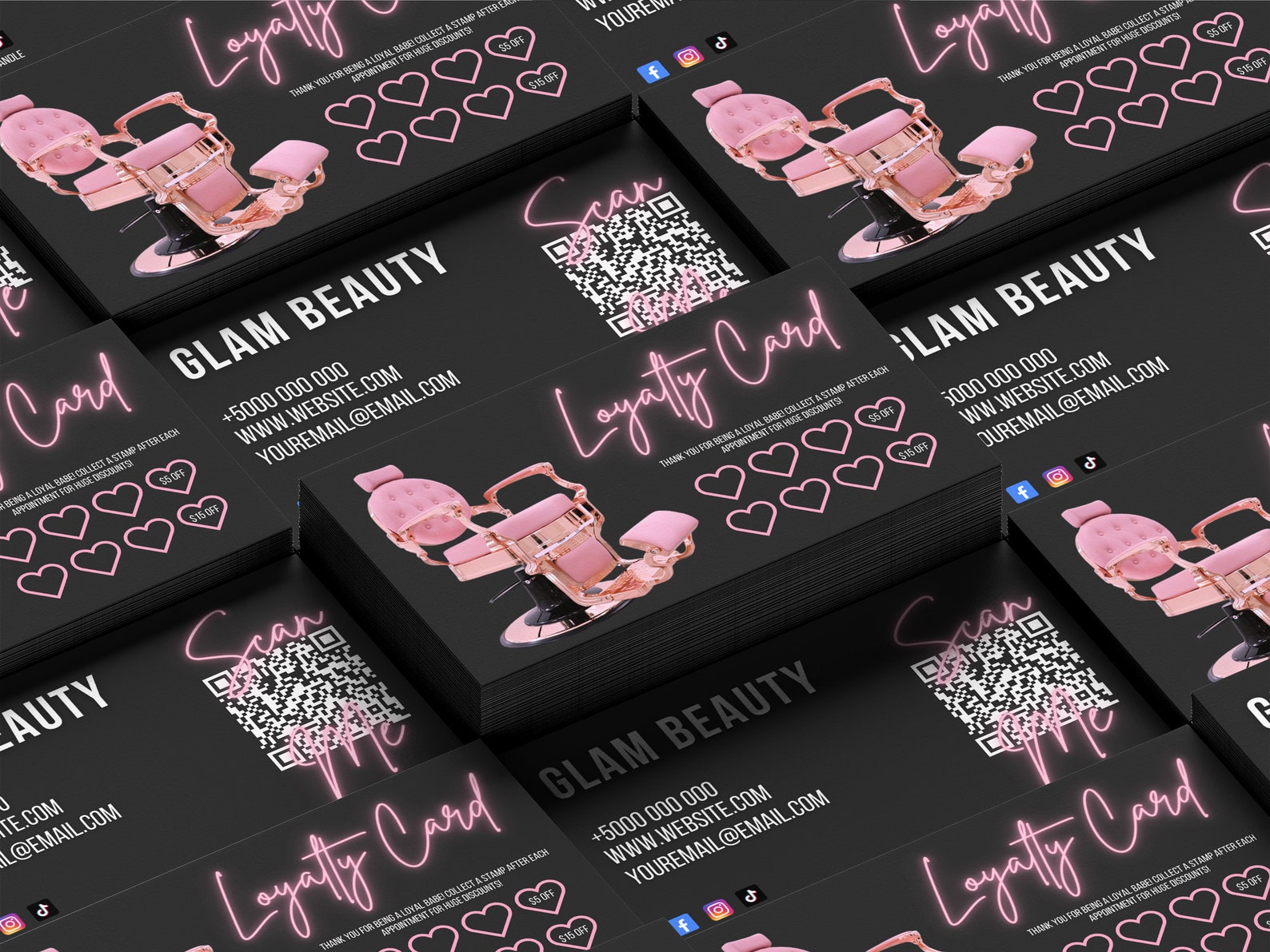 Neon Pink Loyalty Card Template, QR Code Card, Customer Reward Card ...