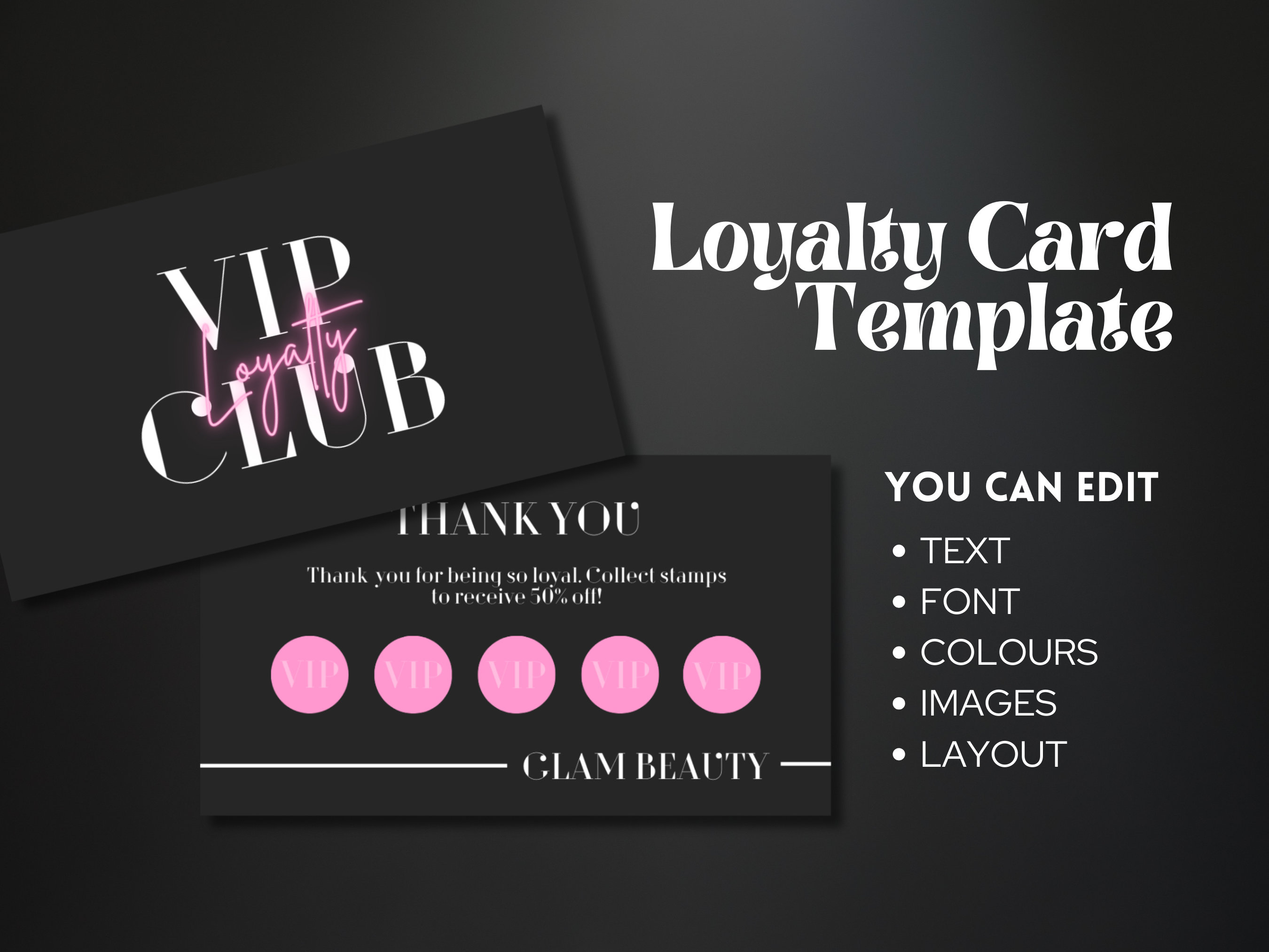 Editable VIP Loyalty Card Template: Salon Business Rewards (DIY Canva ...