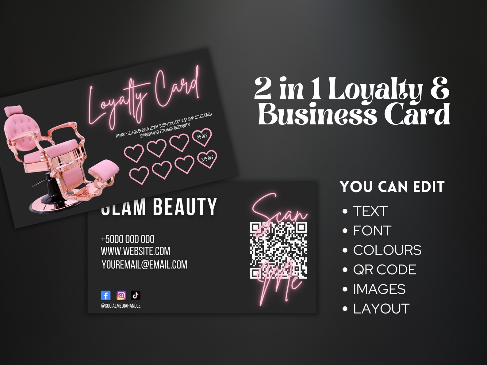 Neon Pink Loyalty Card Template, QR Code Card, Customer Reward Card ...