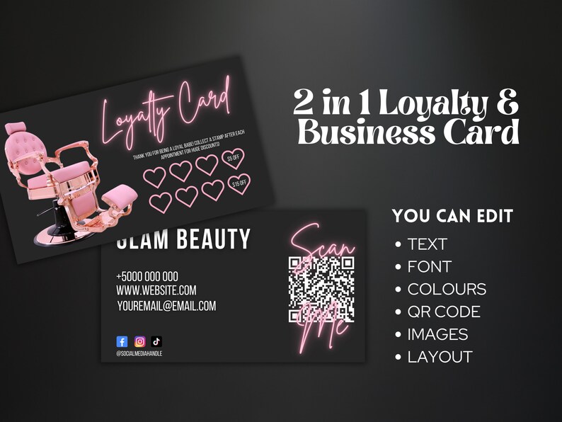 Neon Pink QR Code Loyalty Card Template: Salon Business Design (digital ...