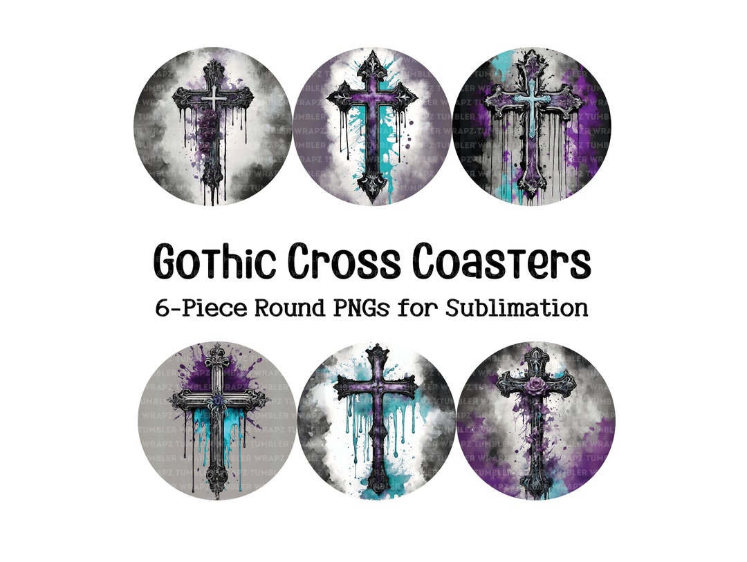 Gothic Cross Coaster Sublimation PNG Bundle of 6, Round Purple Cross ...