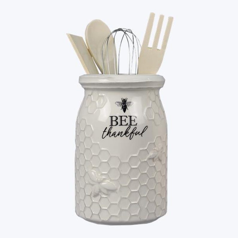 Ceramic Bee Tool Holder With 3 Wood Tools and Whisk - Etsy