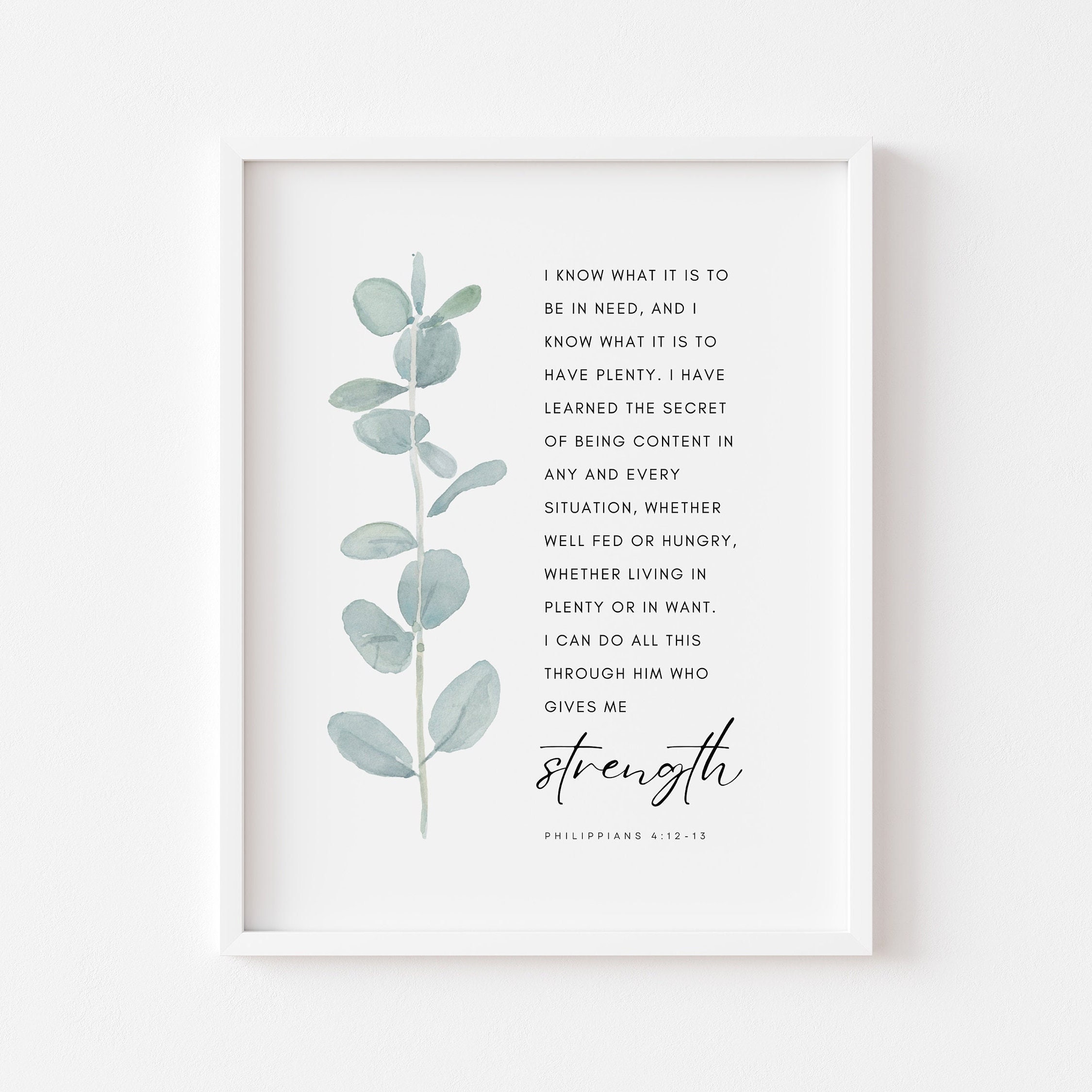Philippians 4:12-13, Bible Verse Wall Art, Watercolor Eucalyptus ...