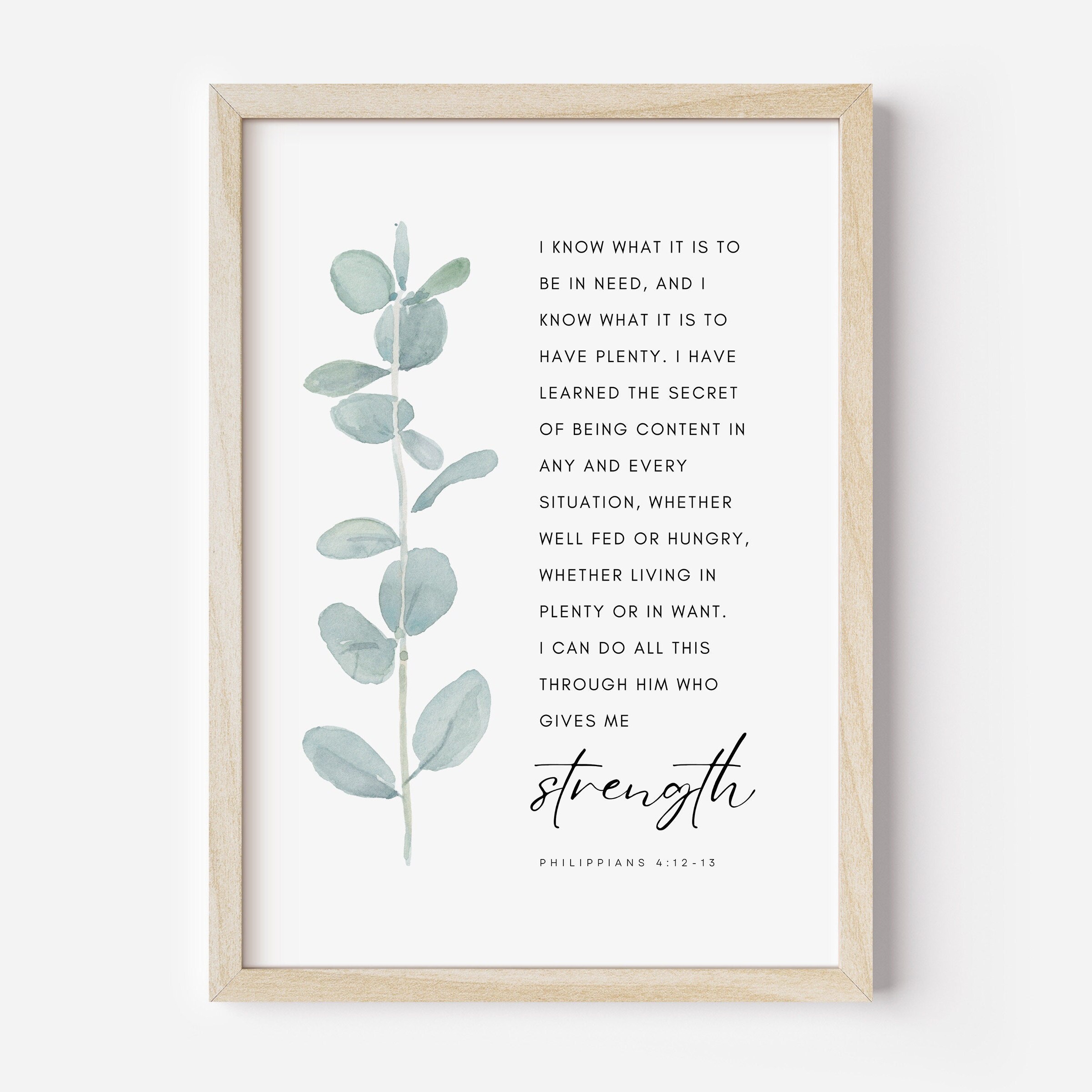 Philippians 4:12-13, Bible Verse Wall Art, Watercolor Eucalyptus ...