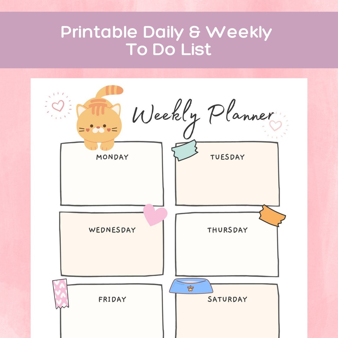 Cat Themed to Do List Printable, Daily/weekly Tasks Template, Organizer ...