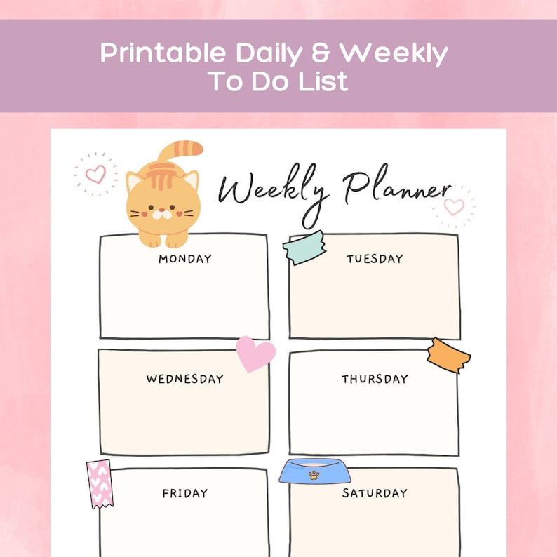 Cat Themed to Do List Printable, Daily/weekly Tasks Template, Organizer ...