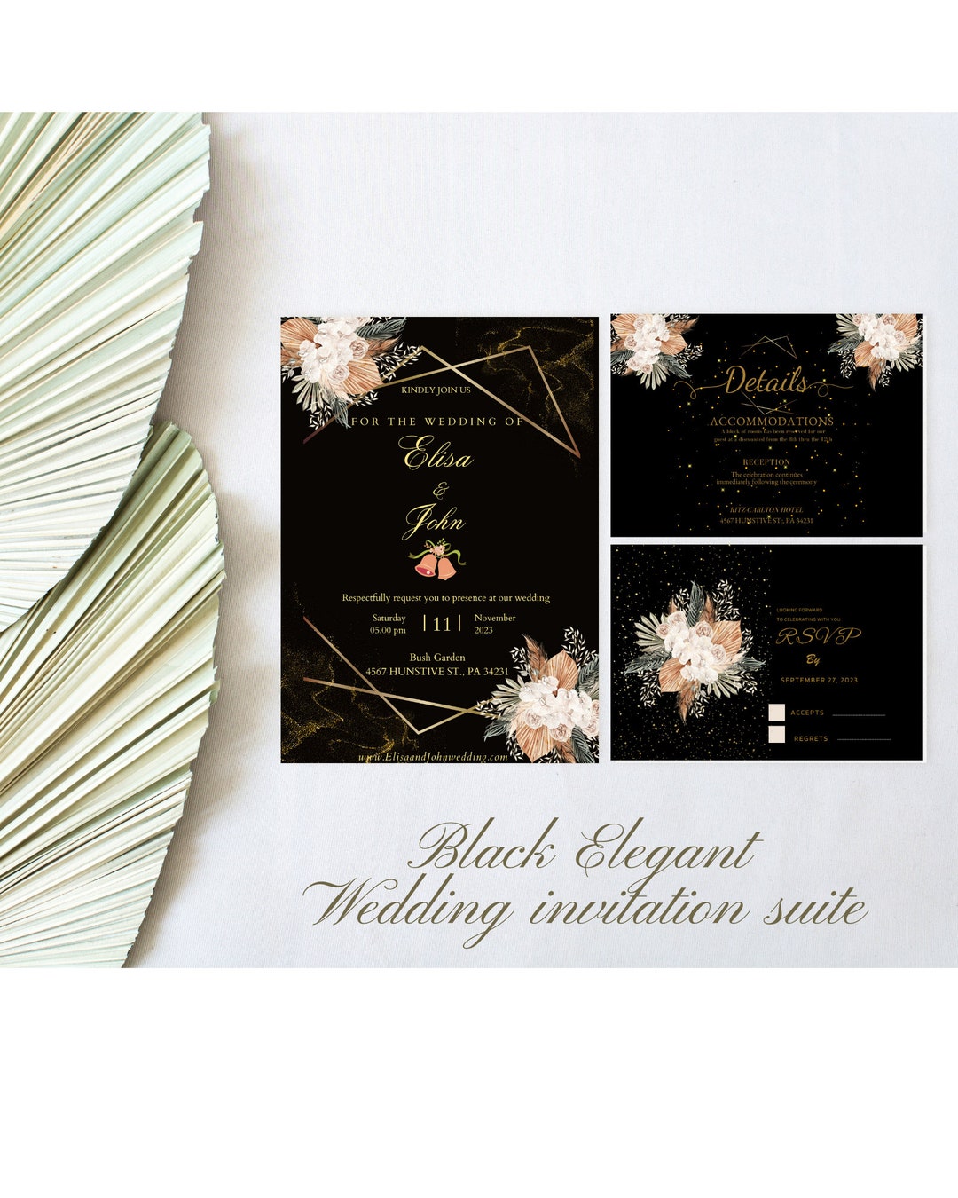 Black Elegant Boho Wedding Invitation Designs Template Luxury Bohemian ...