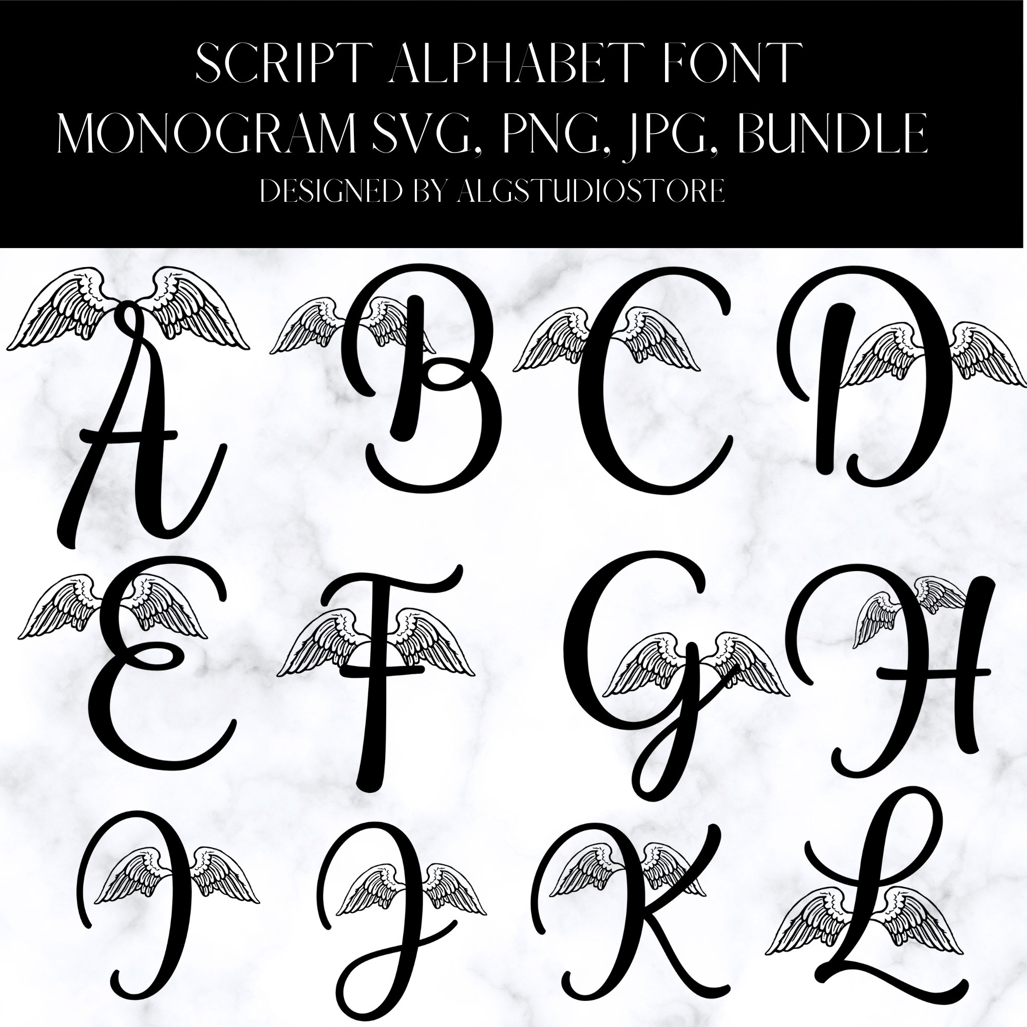 Cursive Script Alphabet Letters With Angel Wings SVG Cricut Monogram ...