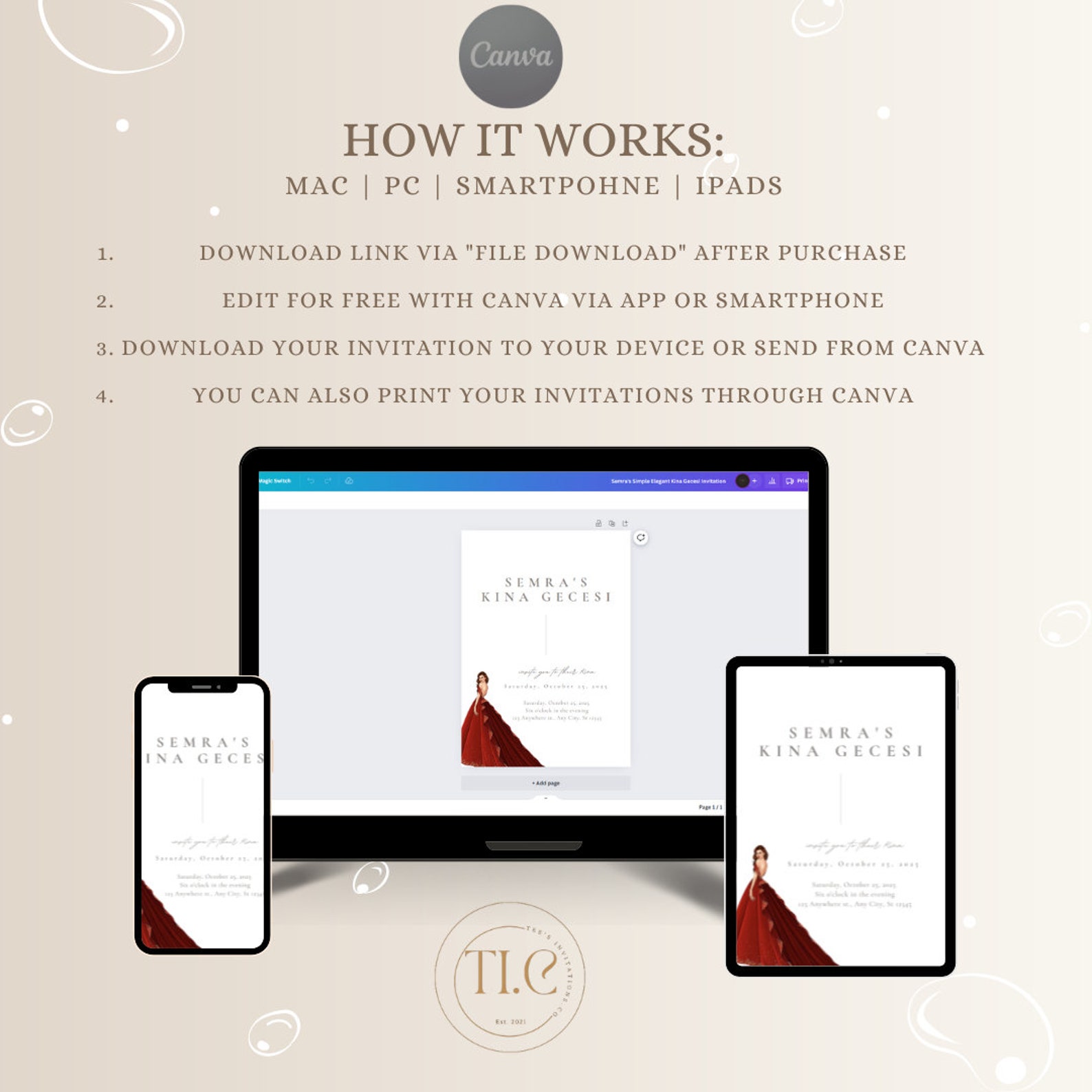 Editable Digital Download Semra's Simple Elegant Kina Gecesi Invitation ...