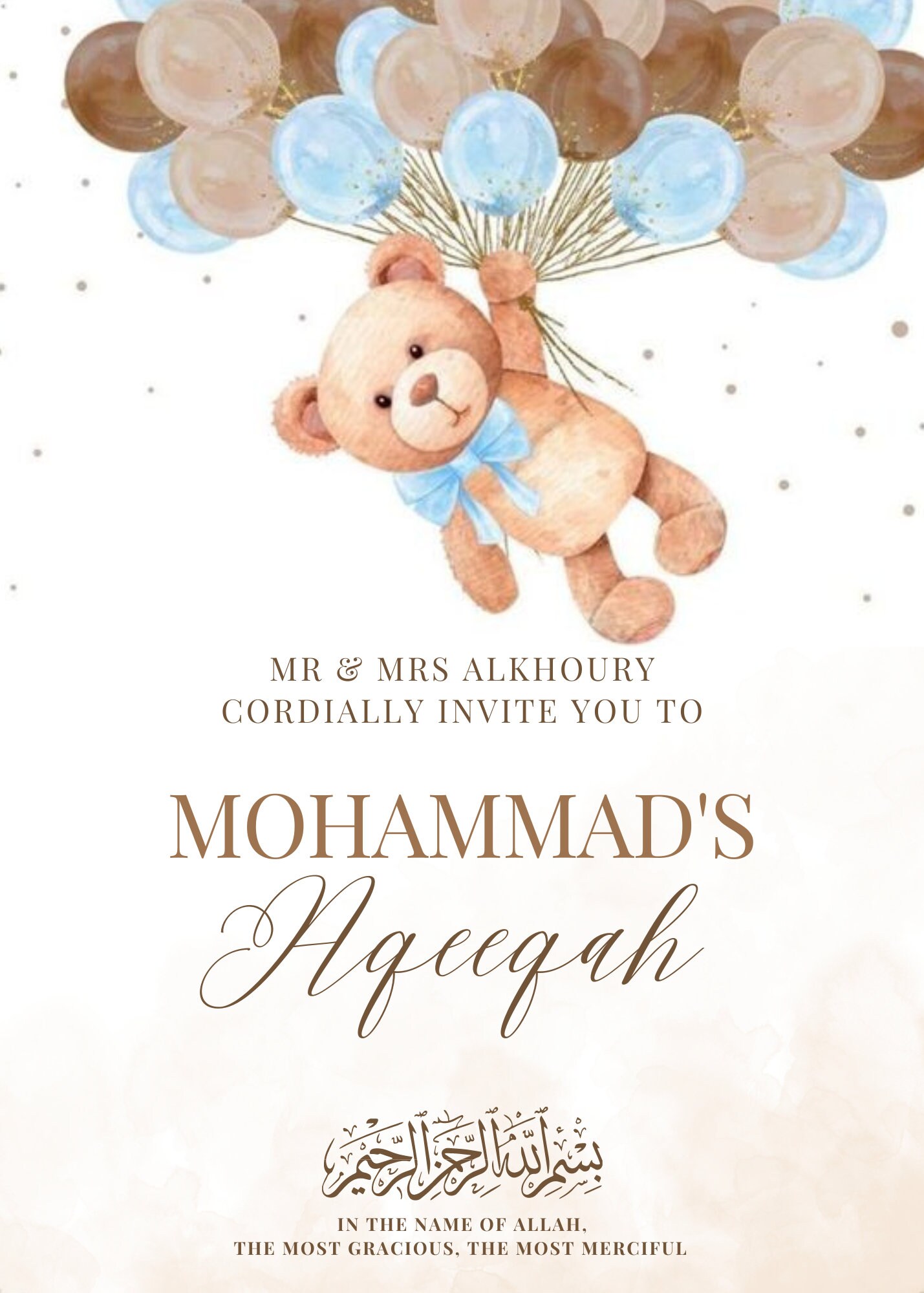 Editable Islamic Unisex Flying Teddy Aqeeqah Invitations Digital ...