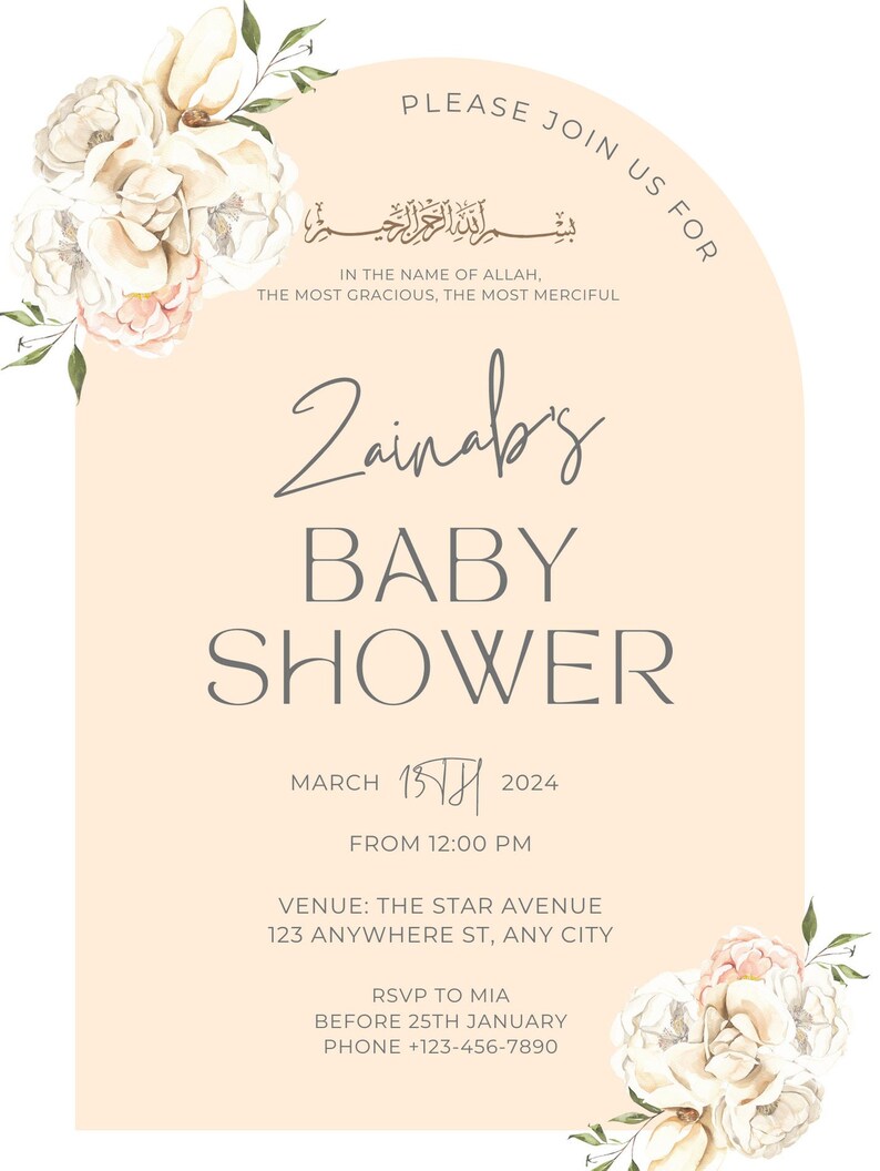 Islamic Baby Shower Invitation Template: Zainab's Shower, Canva ...