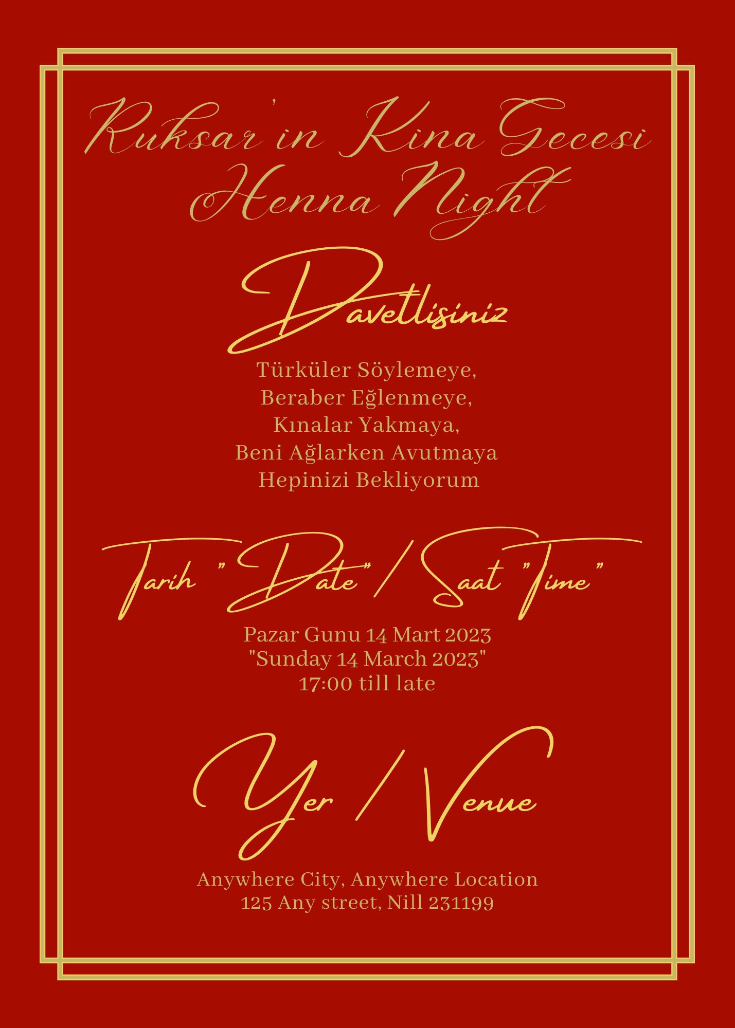 EDITABLE Red Kina Gecesi Davetiyesi Template - Turkish and English ...
