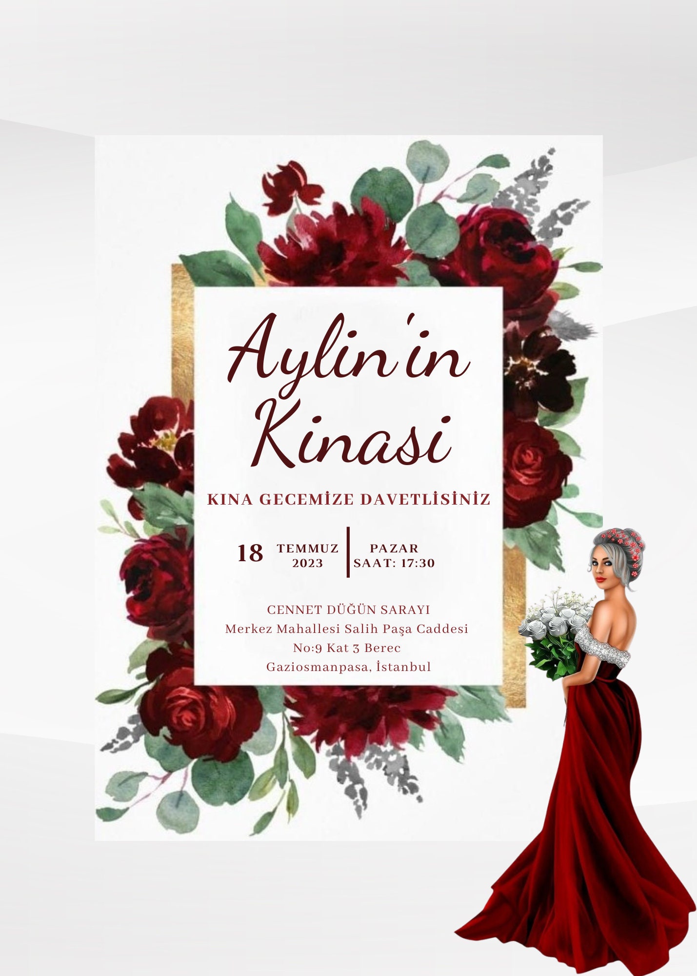 Kirmizi Gul Kina Gecesi Davetiye, Henna Night Invitation, Aylin'in ...