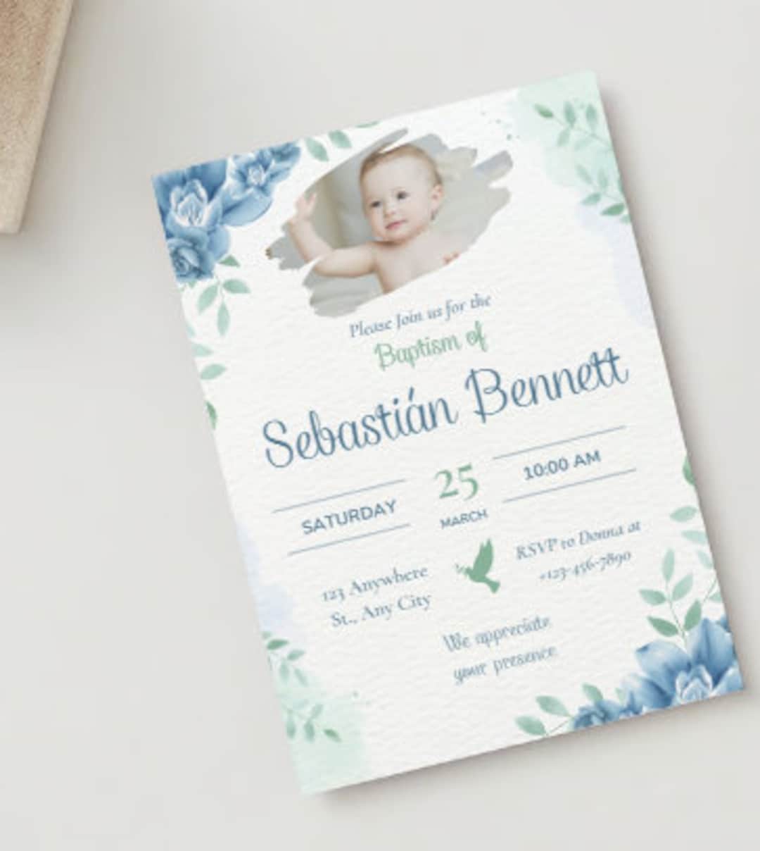 Blue Floral Baptism Invitation Template: Editable Digital Download - Etsy