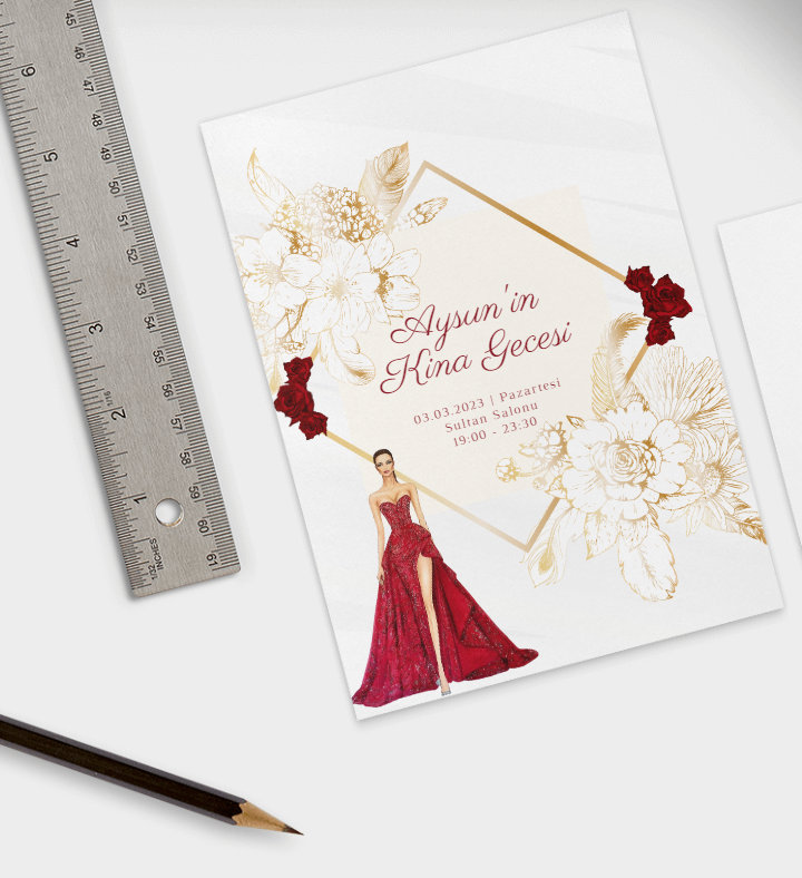 Kina Gecesi Davetiye, Henna Night Invitation, Red and Gold Minimal ...