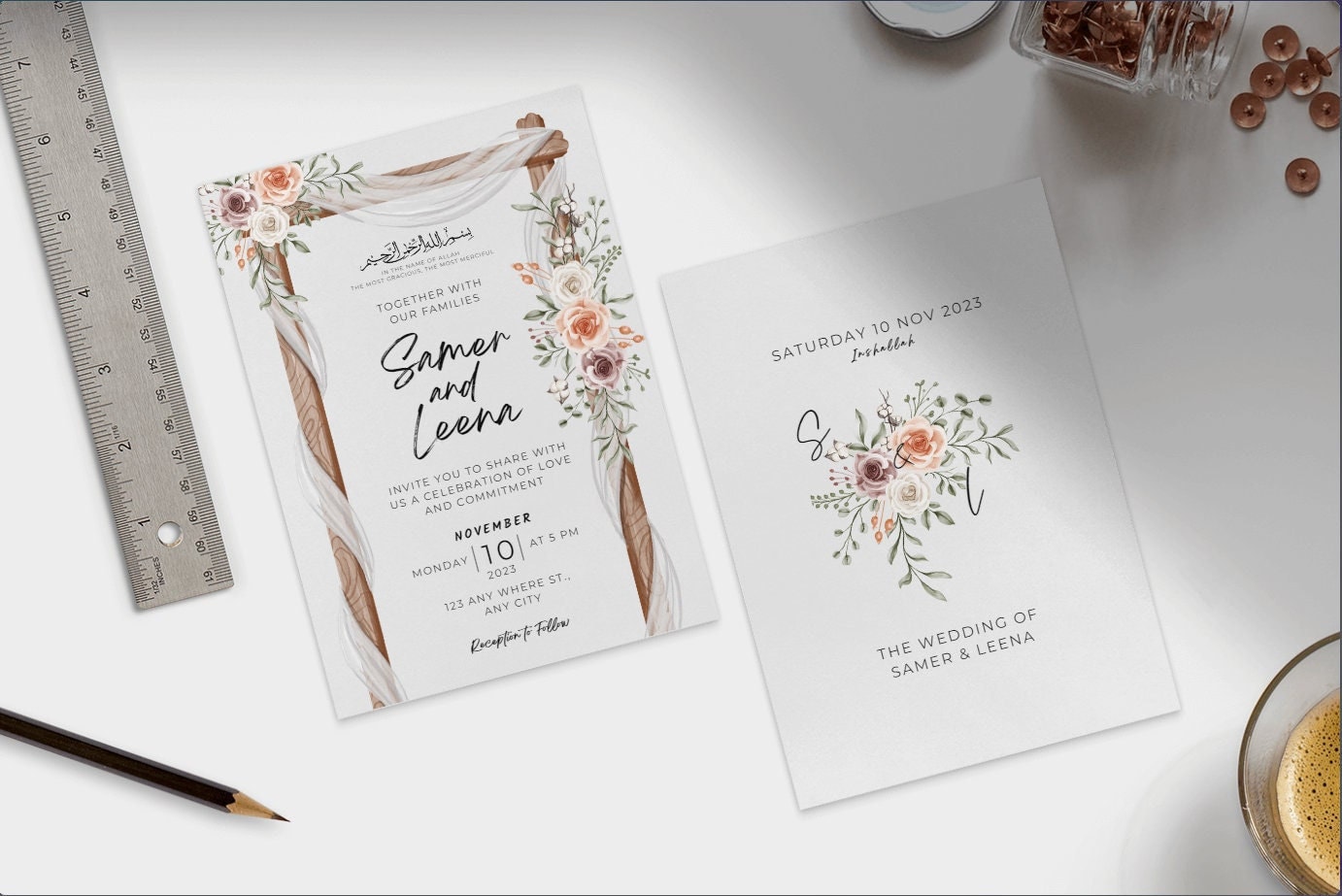 Islamic White Brown Rustic Floral Tree Wedding Invitation - Etsy