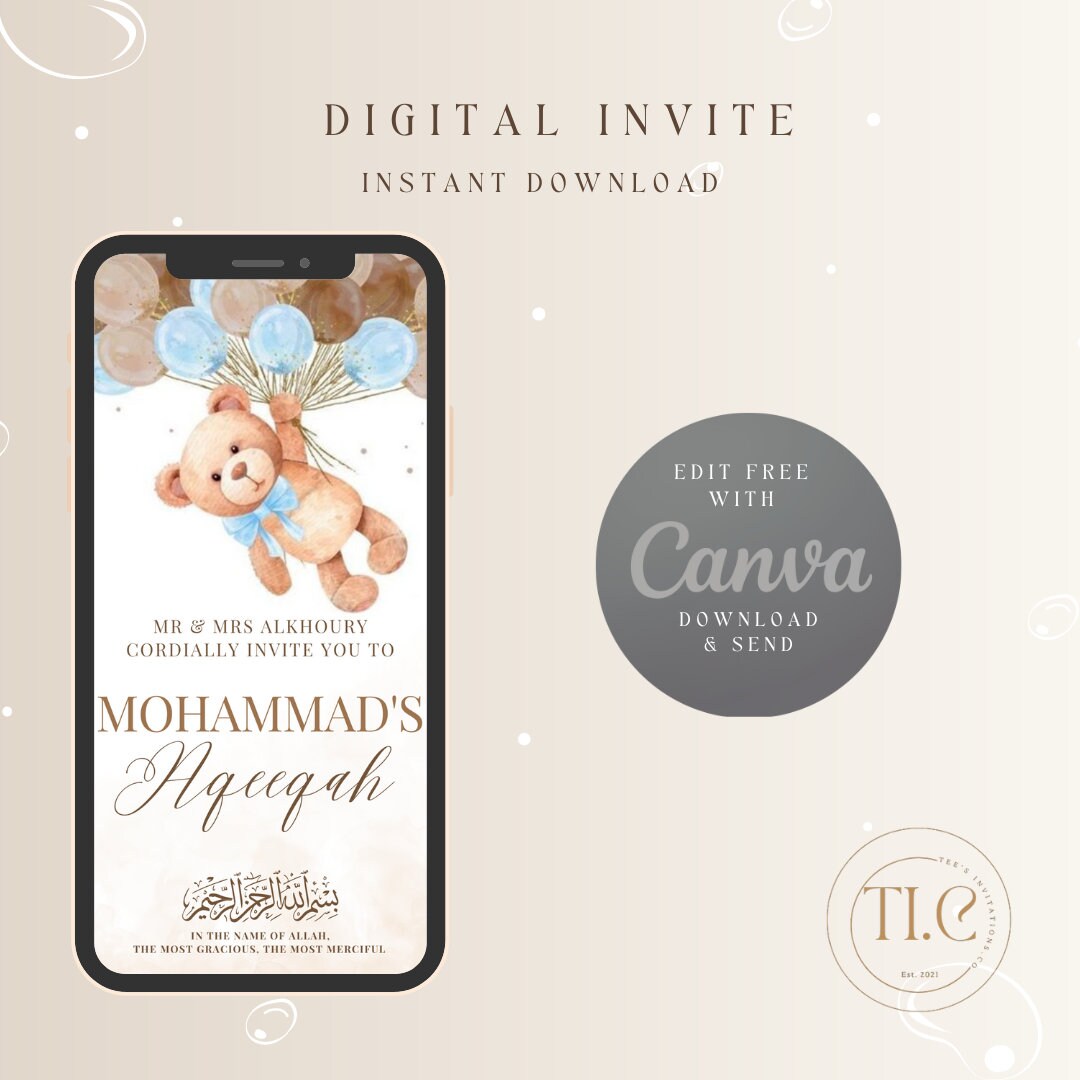 Editable Islamic Unisex Flying Teddy Aqeeqah Invitations Digital ...