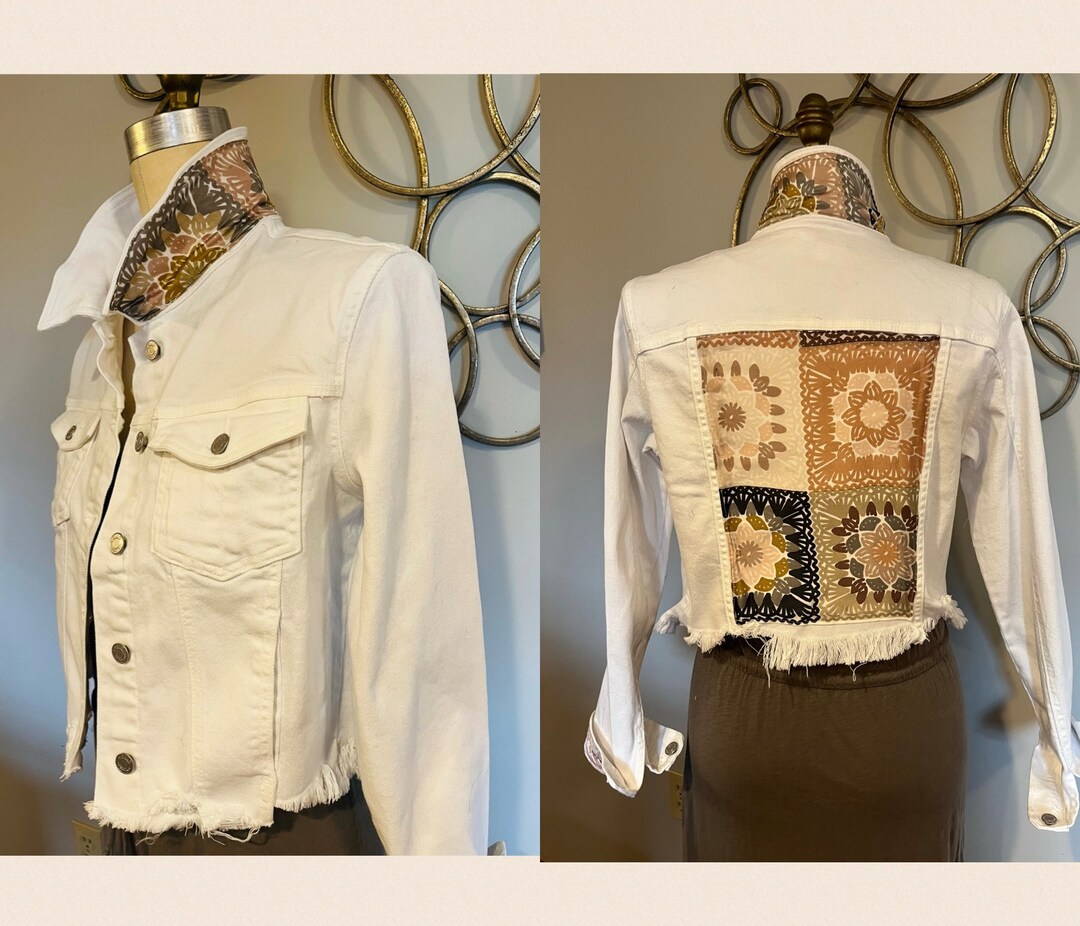 LRG NWT White Cello Distressed Denim Jacket Embellished With Silk Scarf ...