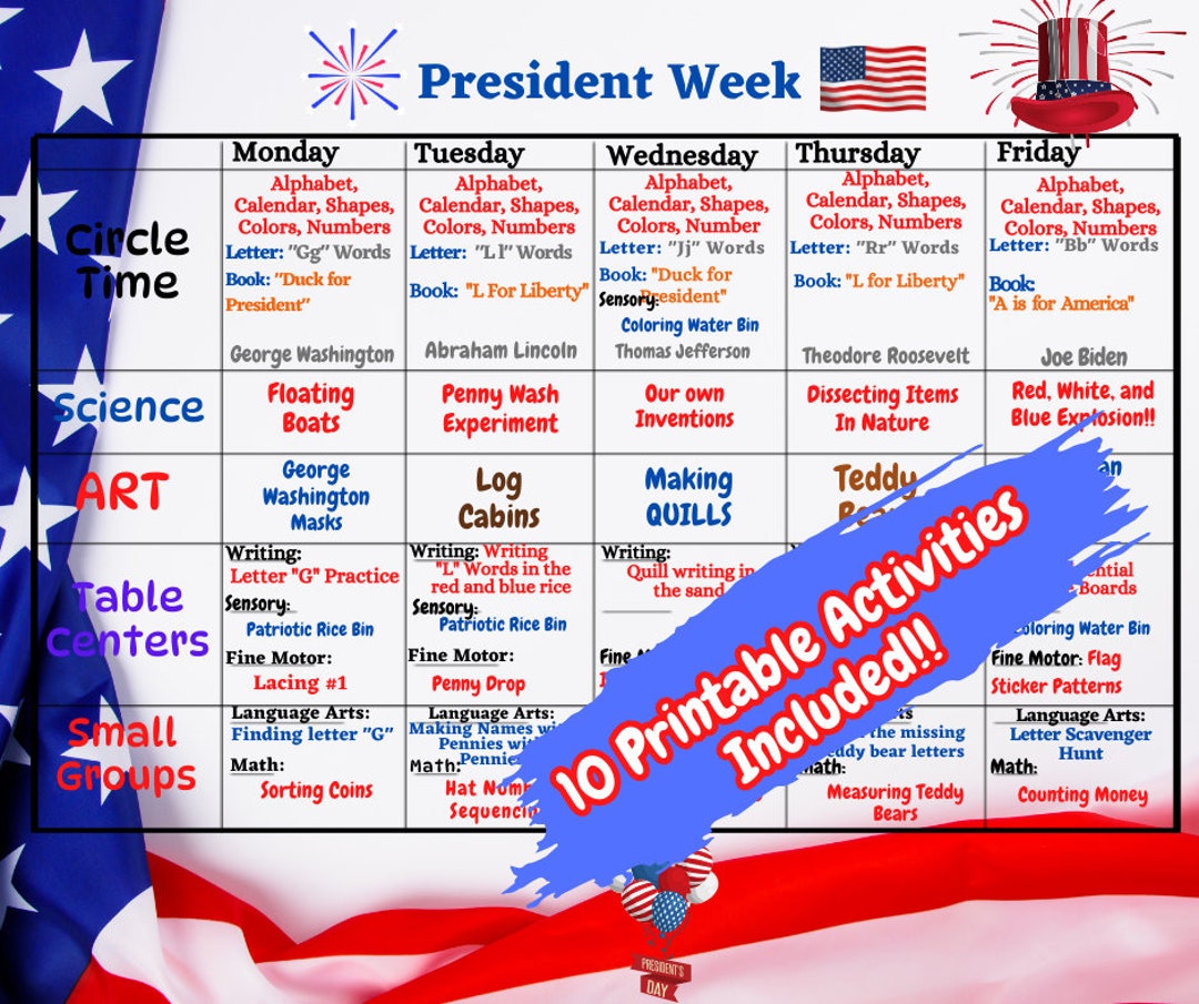 Week of Presidents!!! Printable Lesson Plan! - Etsy