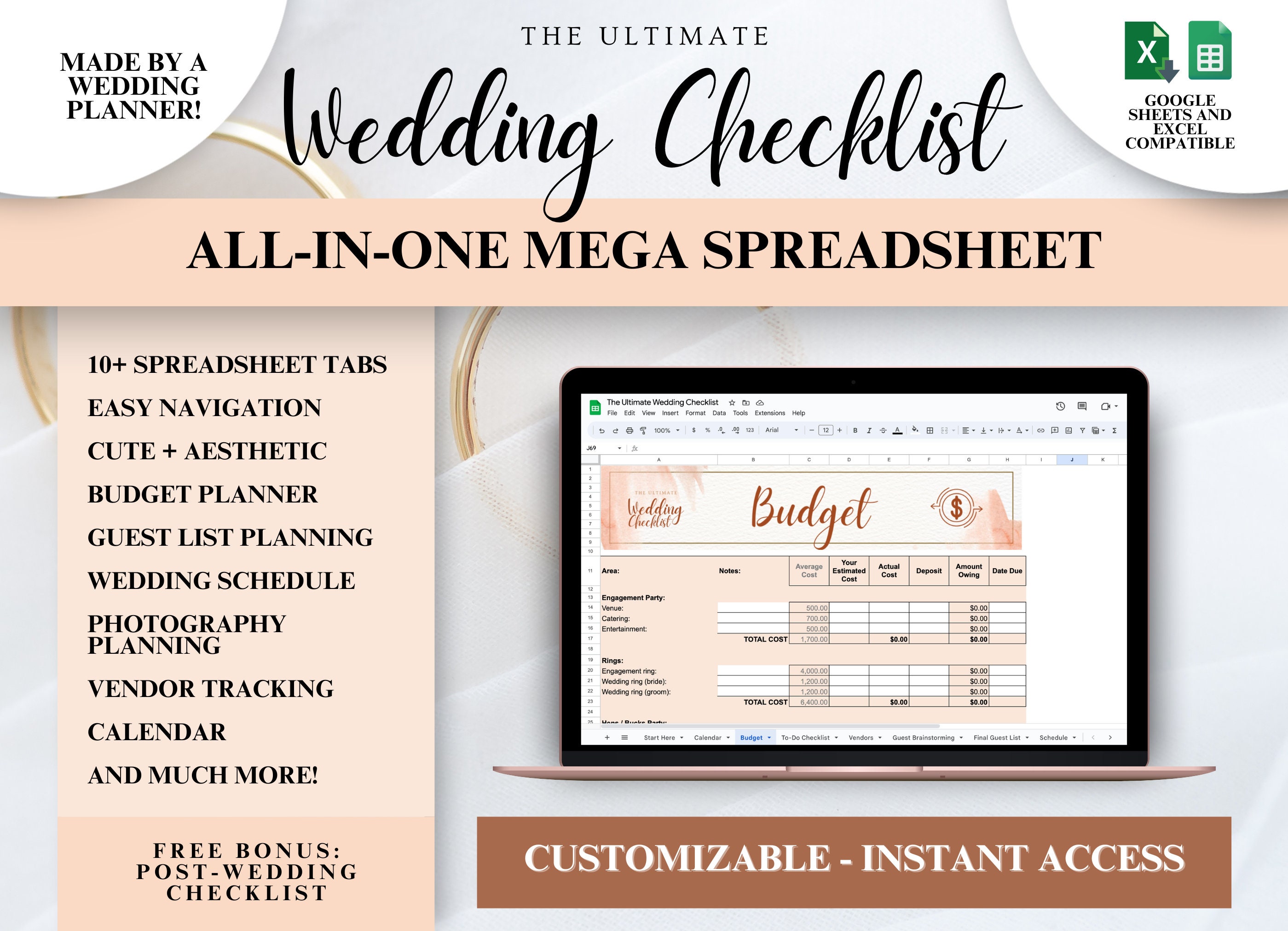 Ultimate Wedding Checklist Spreadsheet, 100% Digital, Wedding Budget ...