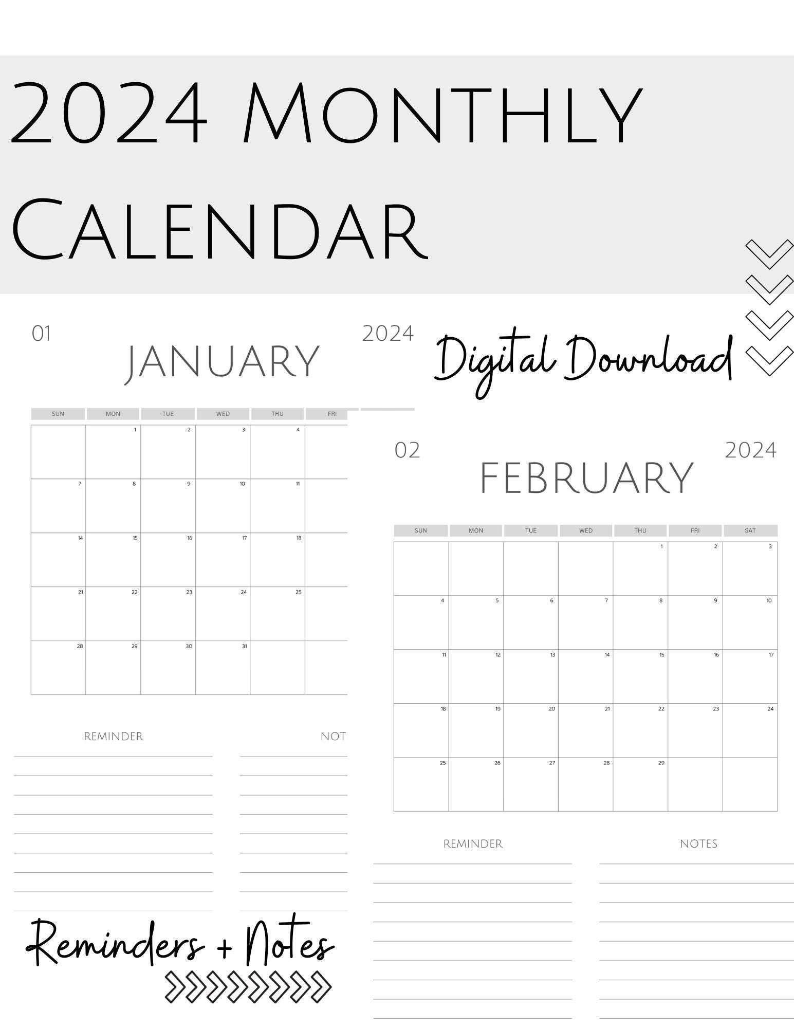 2024 Monthly Calendar With Reminders and Notes Simple Minimalist - Etsy