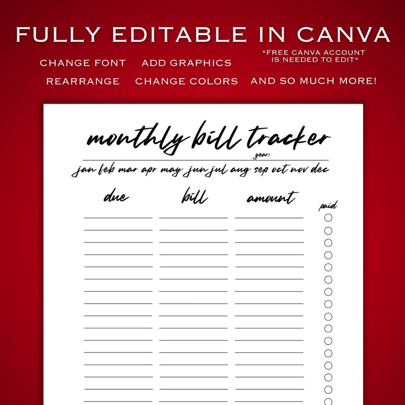 Monthly Bill Tracker Printable: Budget Planner Template (canva & PDF ...
