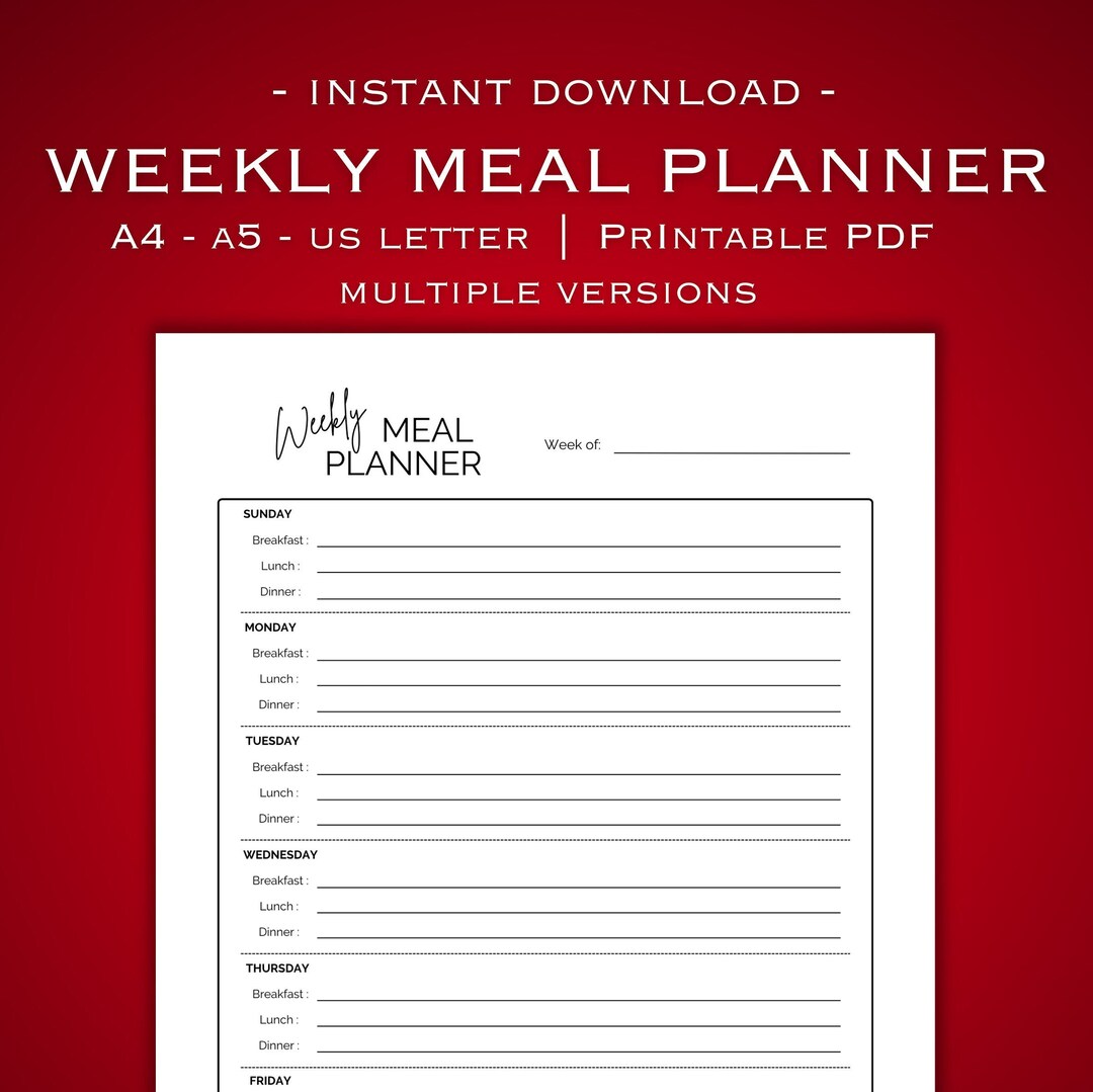 Weekly Meal Planner - PDF - Printable - Meal Prep - Organizer - Menu ...