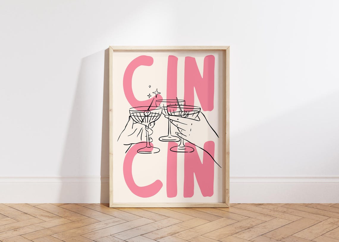 Cin Cin Print Cheers Wall Art Cute Kitchen Poster Cocktail Poster Cin ...