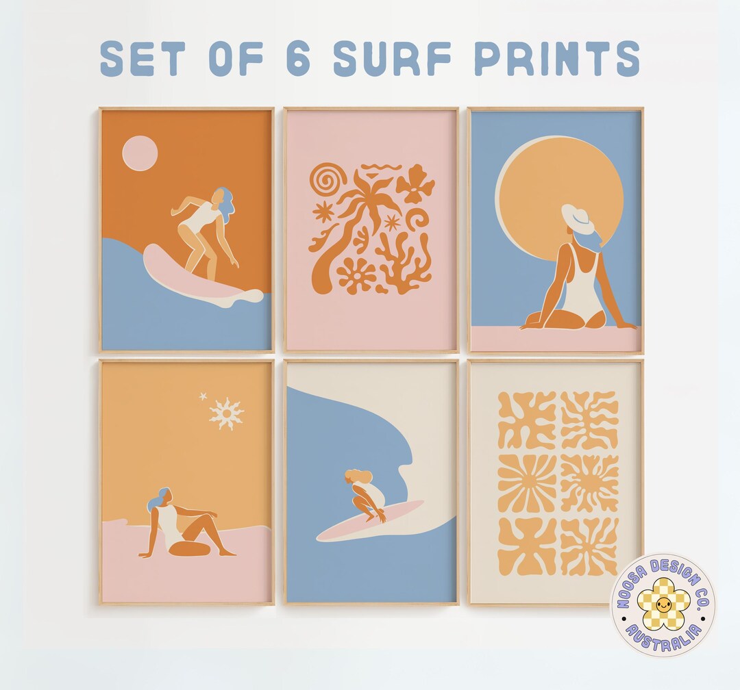 Surf Poster Set of 6 Beach Prints Trendy Surfboard Wall Art Surf ...