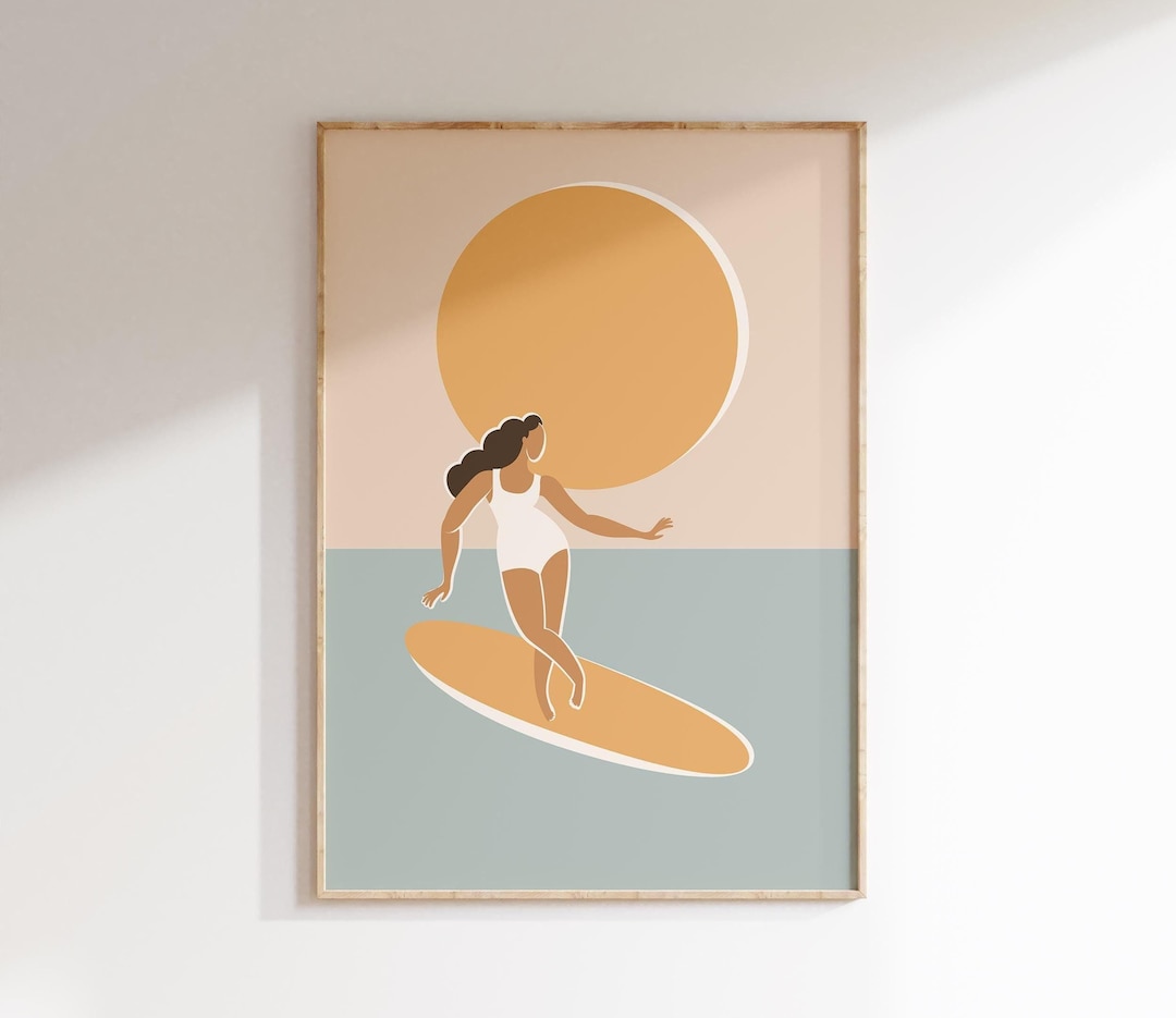 Longboard Wall Art Surfer Girl Poster Trendy Coastal Decor Orange Surf ...